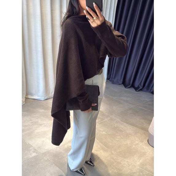 Women's Knitted Shawl Sweater 2 in 1 Long Sleeve Cape, Wool Blend Round ...