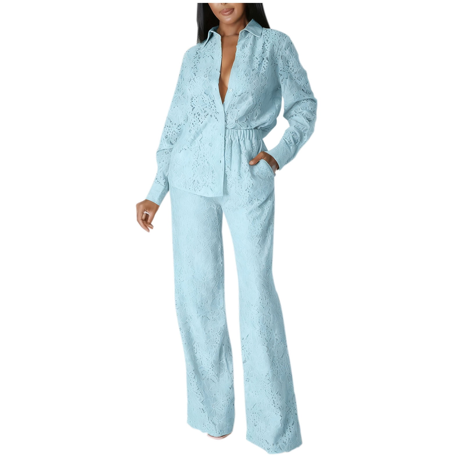 Women's Lace 2 Piece Outfits Long Sleeve Button Up Shirt and Wide Leg ...
