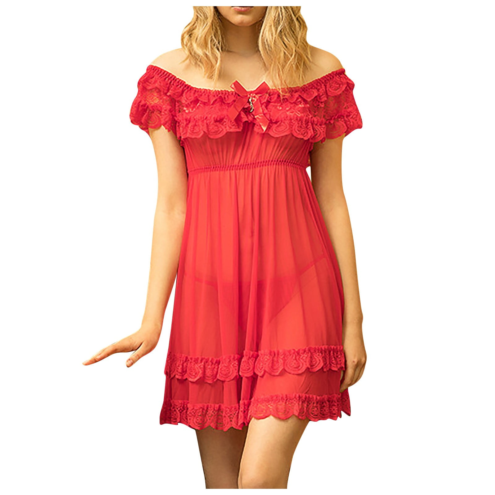 Women's Lace Chemise Bowknot Off Shoulder Mesh Nightgown Nightdress ...