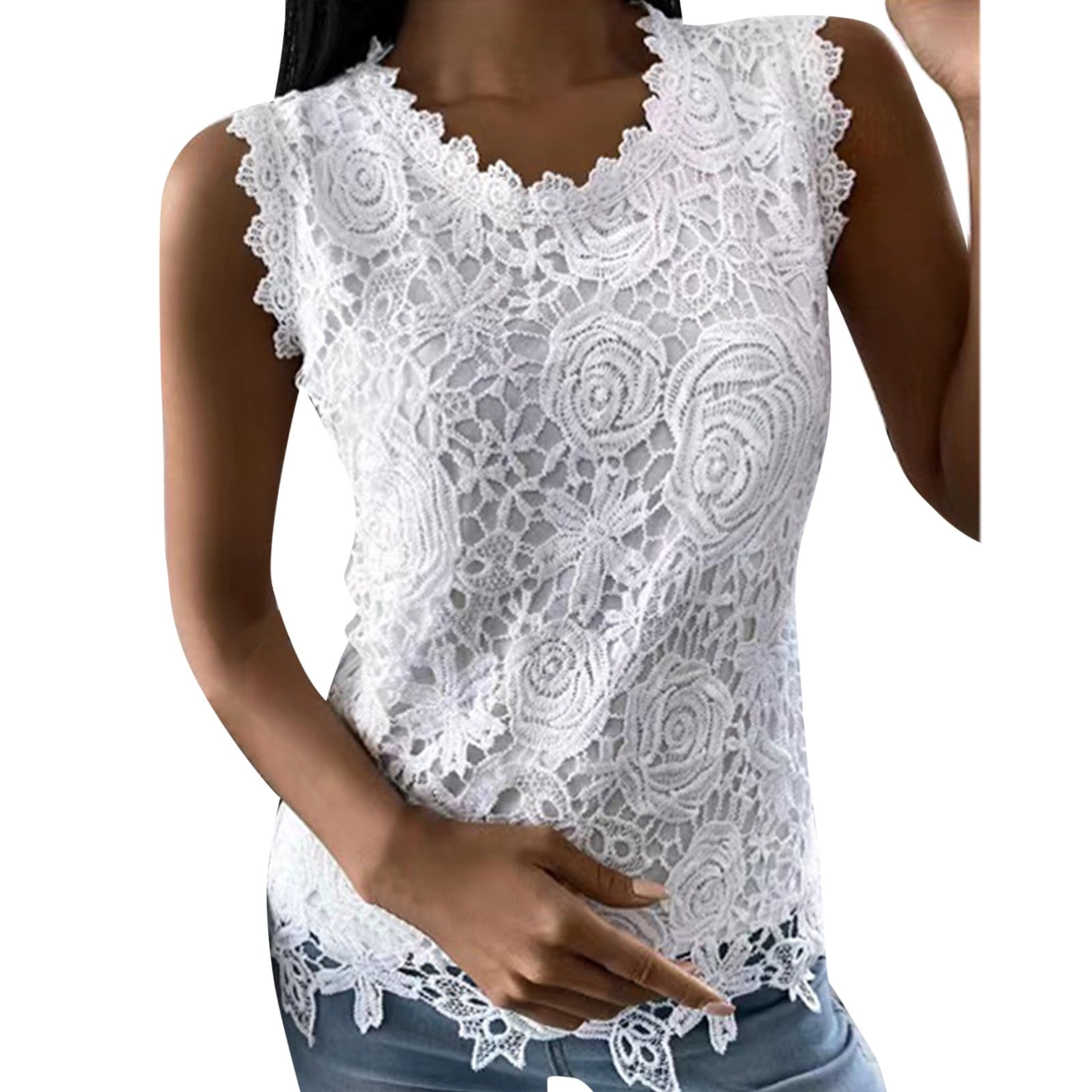 Women's Lace Crochet Crew Neck Vest Top - Double Baggy Design - Sexy ...