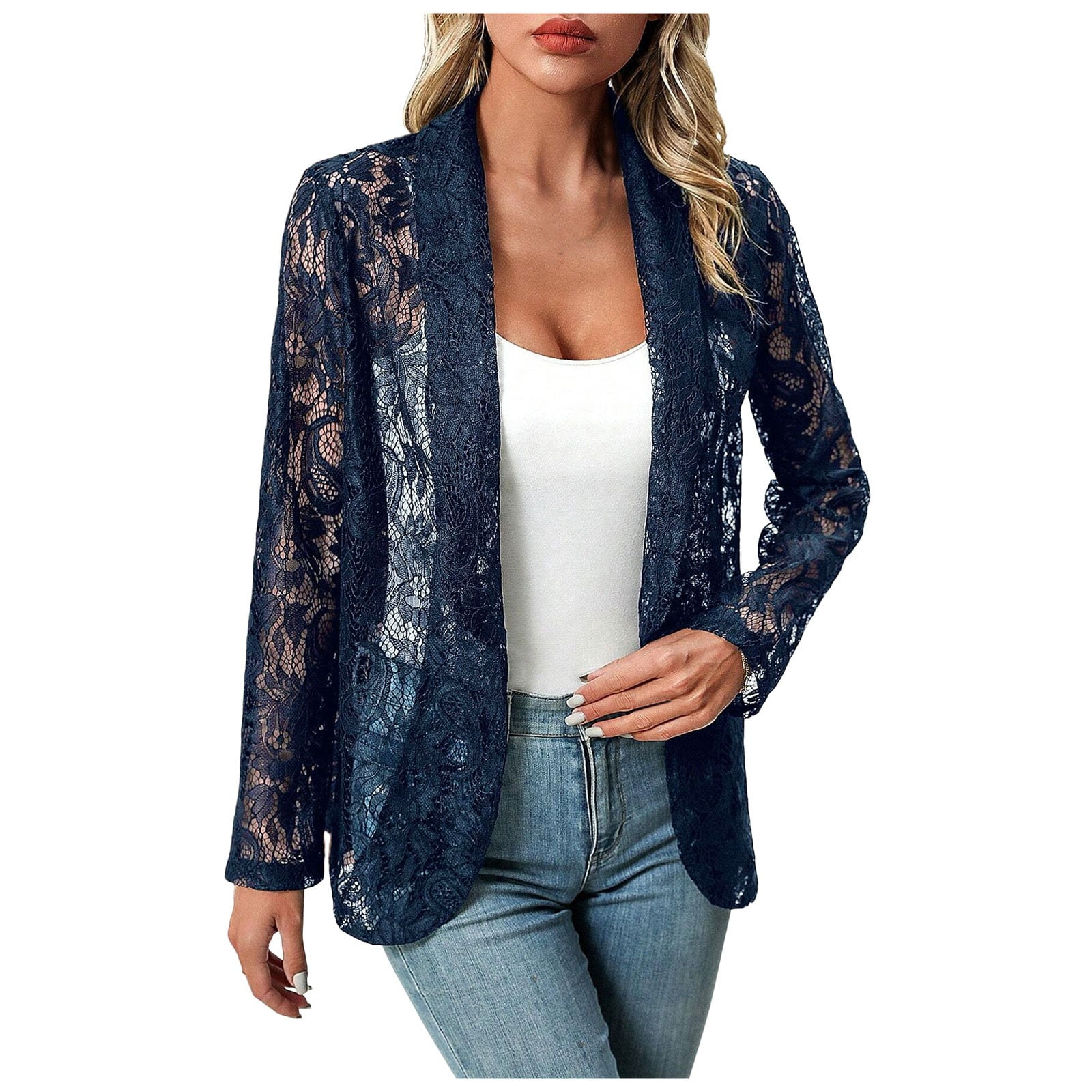 Women's Lace Open Front Long Sleeve Sheer Elegant Casual Blazer Jacket ...