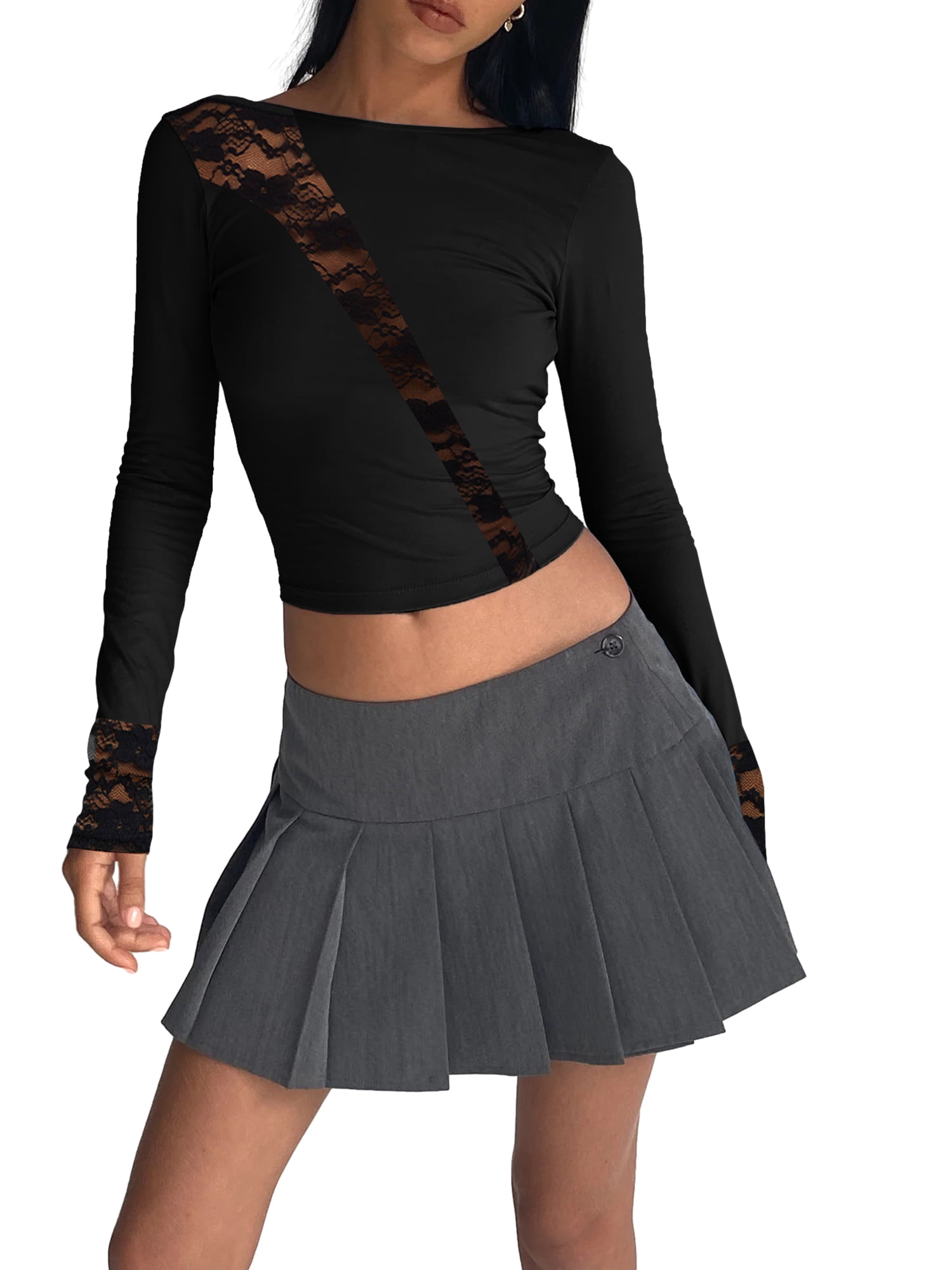 Shunvnny Women's Lace Sheer Patchwork Tops Long Sleeve Boat Neck Slim ...