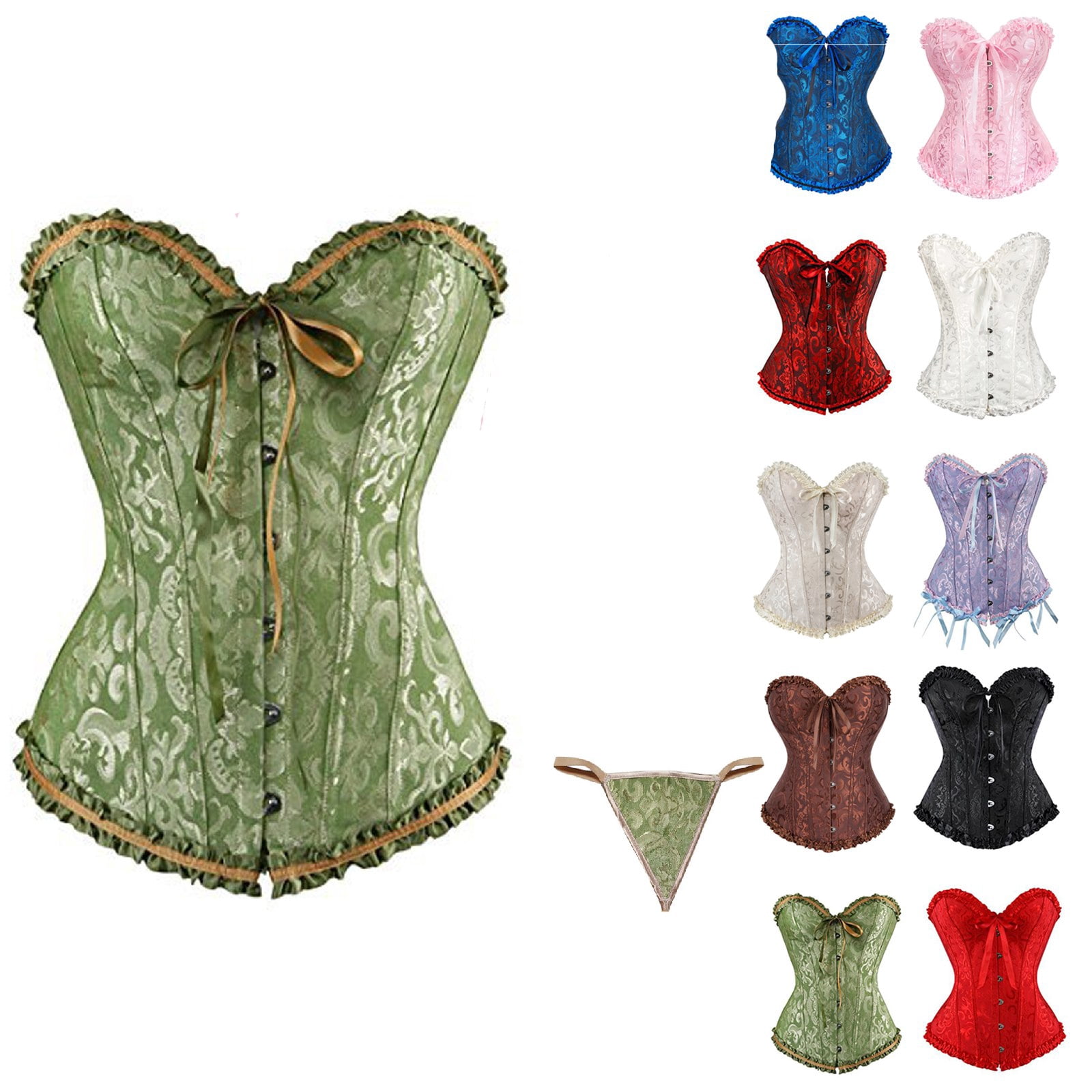 Women's Lacing Corset Top Satin Floral Boned Overbust Body Shaper ...