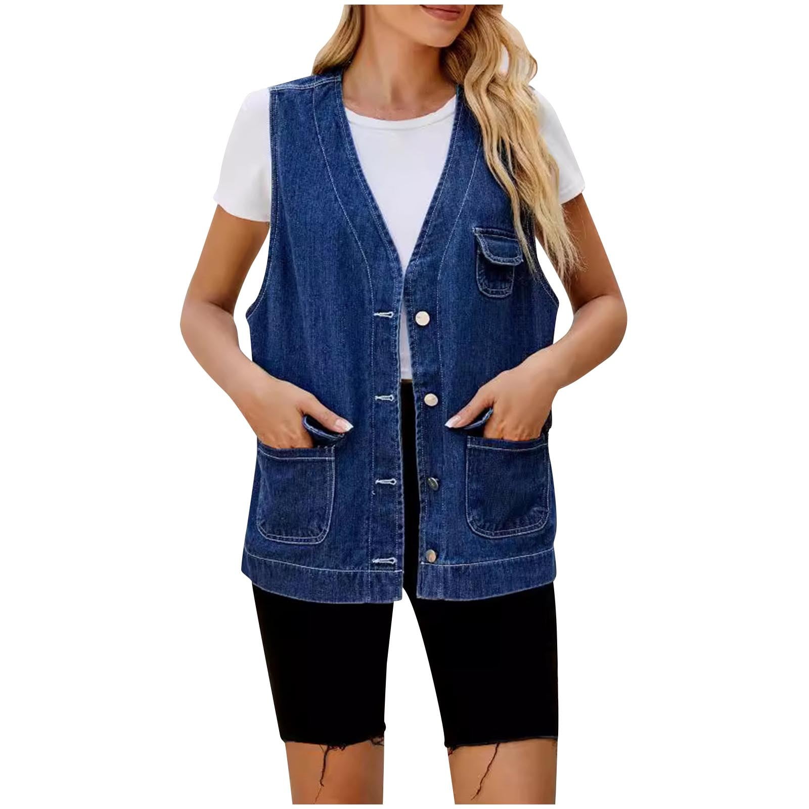 Women's Lapel Denim Vest Casual Loose Fit Button Down Jean Vest Tops ...