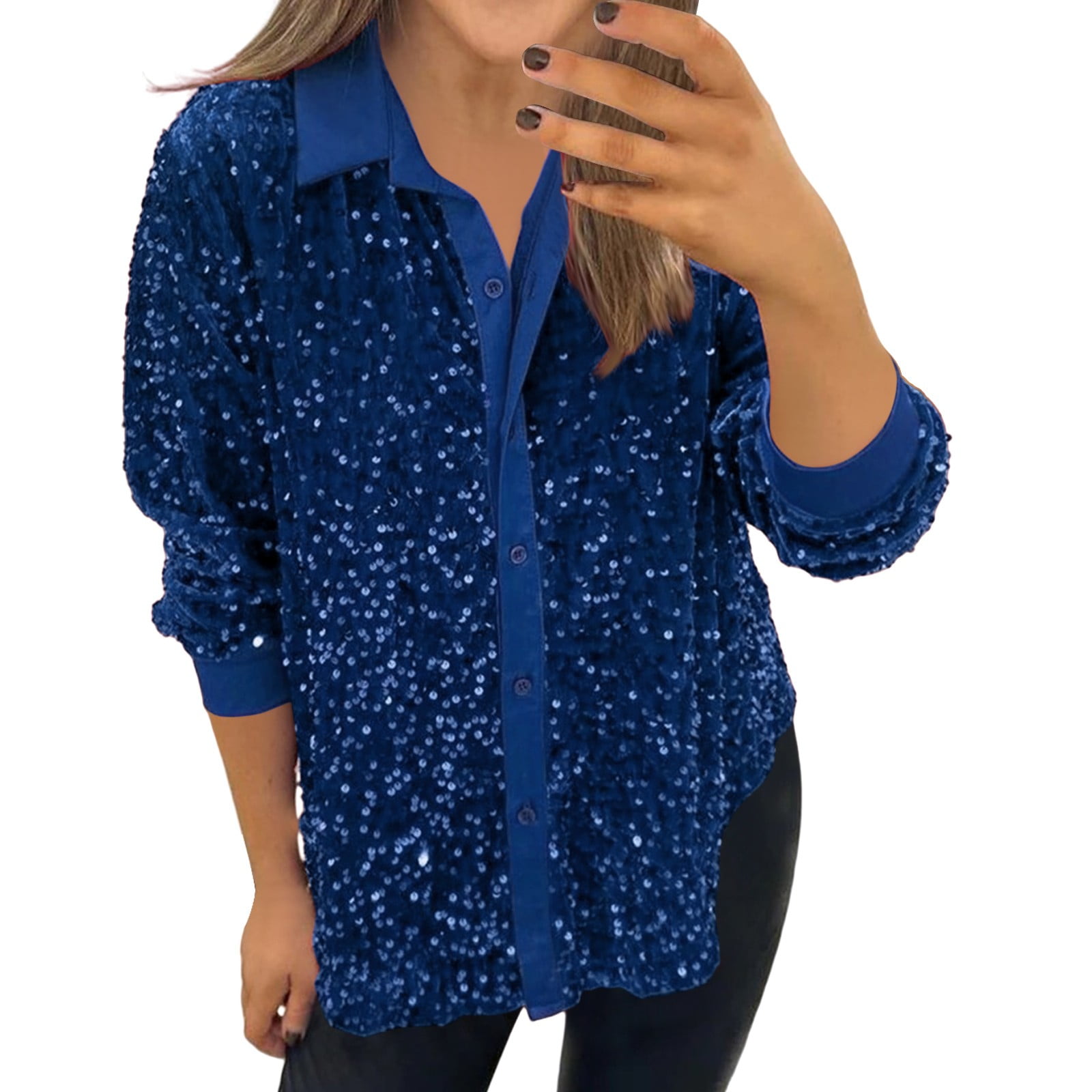 Women's Lapel Single Sparkly Shirt Sequin Button Front Shirt Long ...