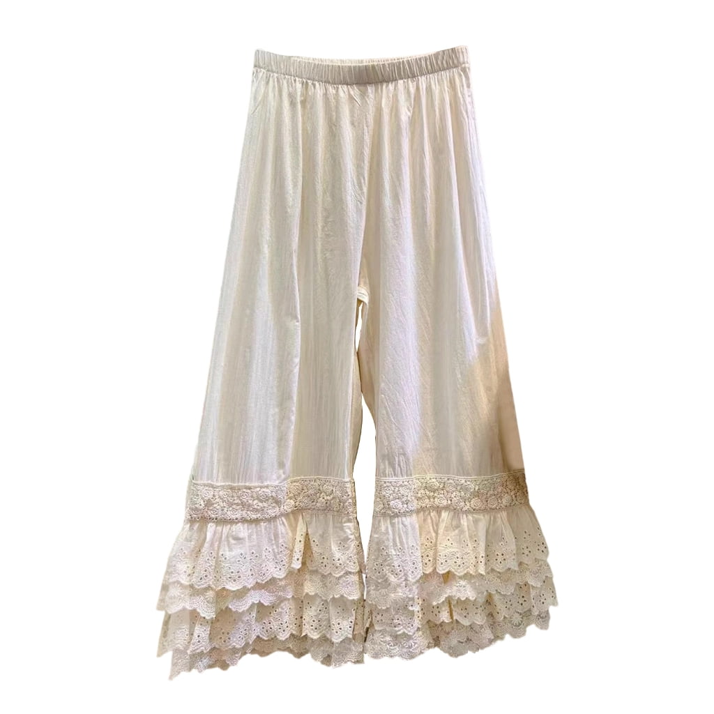 Women's Layered Ruffle Lace Trim Pettipants Cotton Wide Leg Cut Long ...