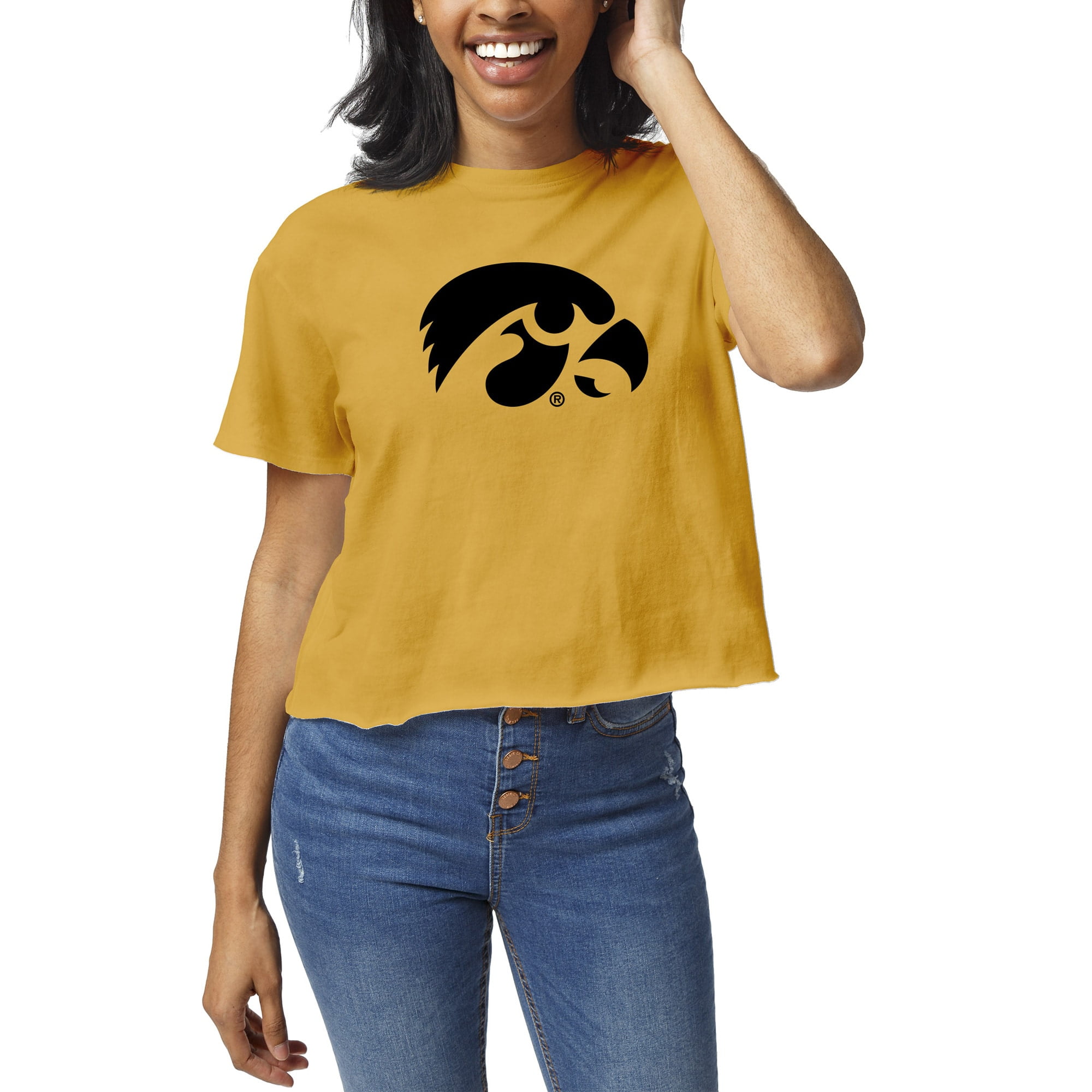 Women's League Collegiate Wear Gold Iowa Hawkeyes Clothesline Crop T ...