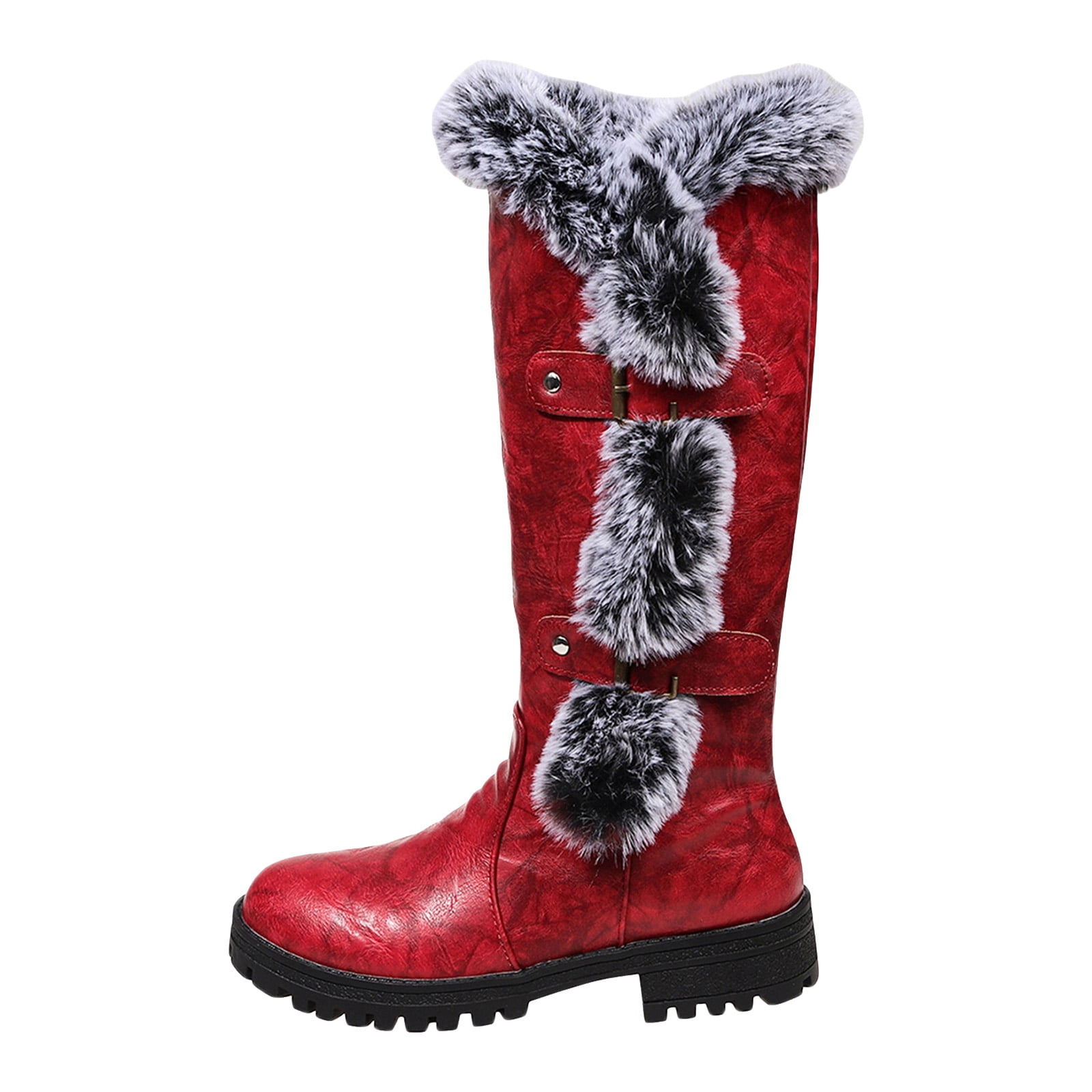 Women's Leather Fluffy Knee High Boots Fleece Lined Non Slip Winter ...
