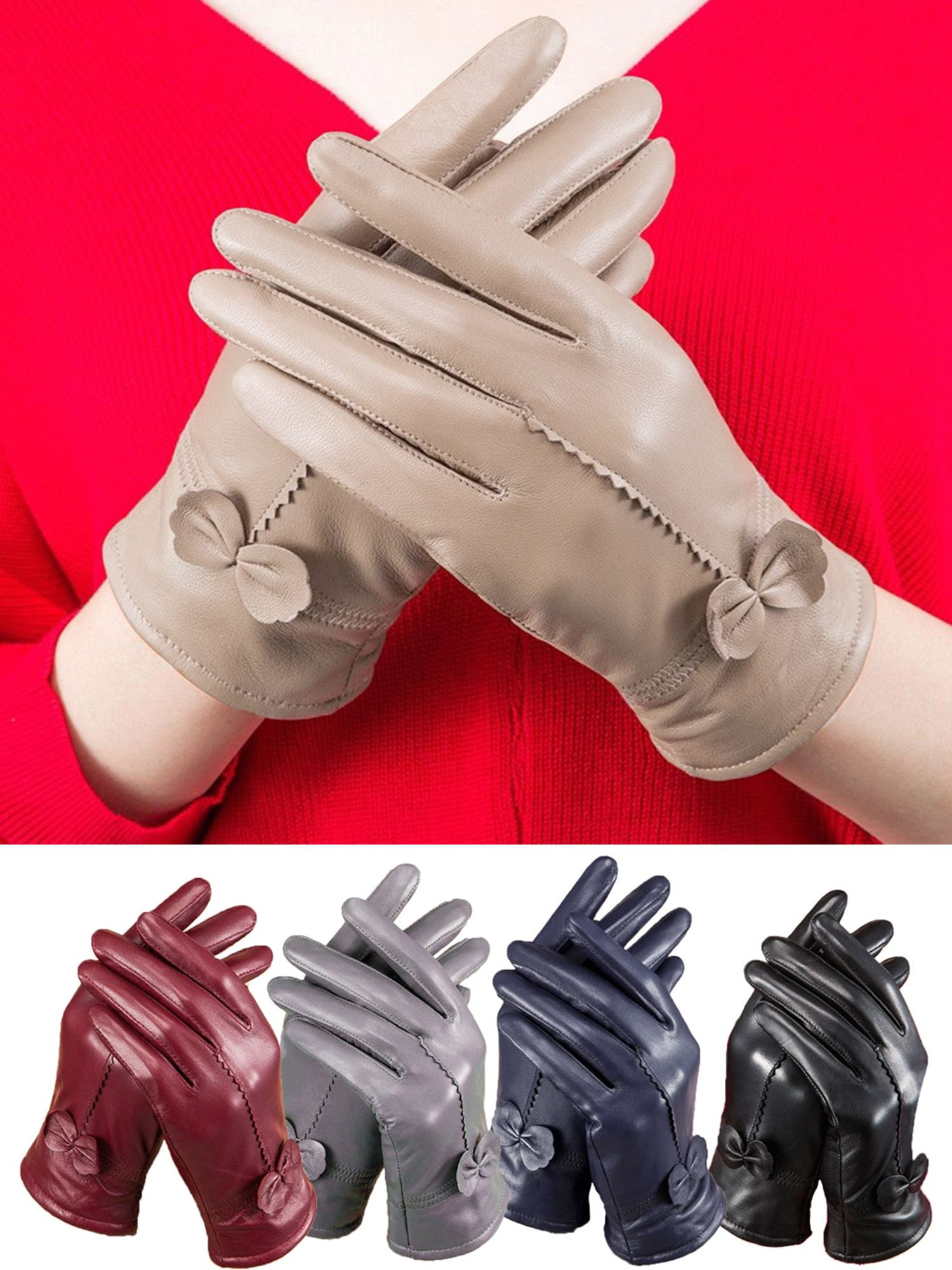 Women's Cold Weather Genuine Lambskin Leather Gloves, Winter Warm Windproof PU Glove in Mud ...