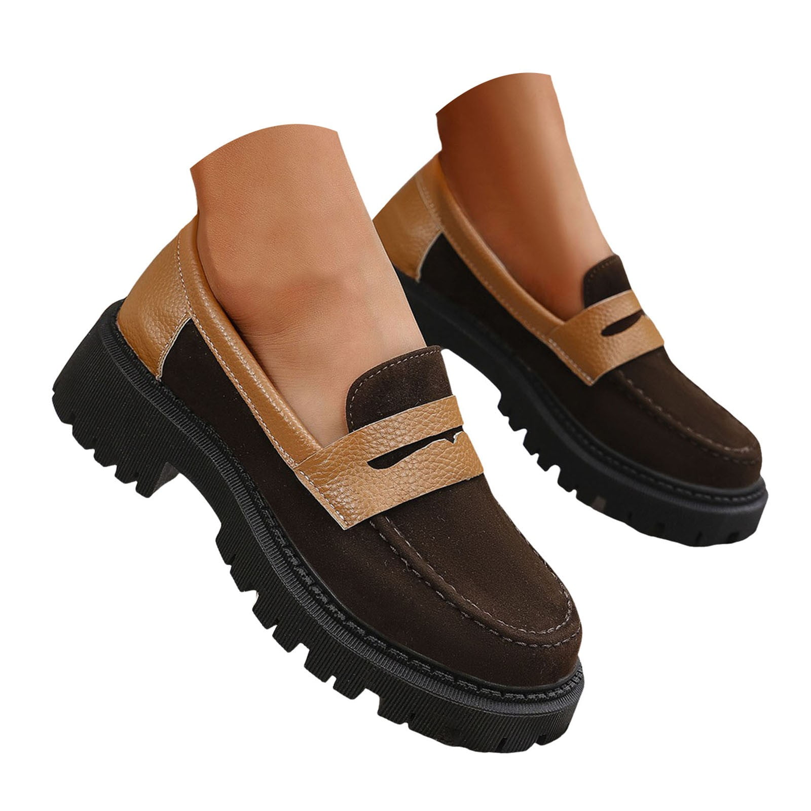 Women's Leather Platform Slip-On Loafers Classic Round Toe Lug Sole ...