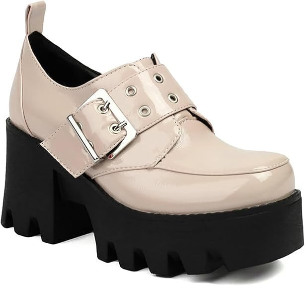 Women's Leather Platform Mid Chunky Heel Gothic Buckle Loafers Fashion ...