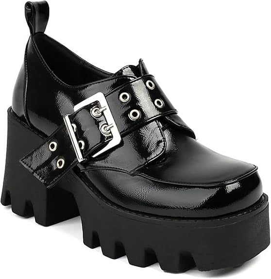 Women's Leather Platform Mid Chunky Heel Gothic Buckle Loafers Fashion ...