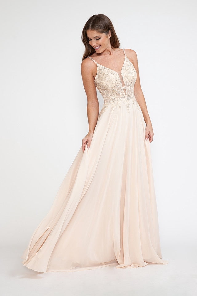 Women's Lenovia Embroidered A-Line Gown with Sheer V-Neck and Beaded ...