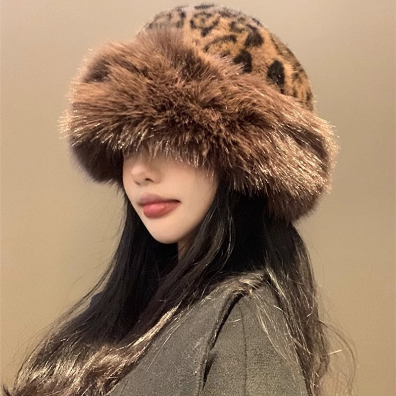 Women's Leopard Print Faux Fur Bucket Hat Fluffy Winter Warmer Plush ...