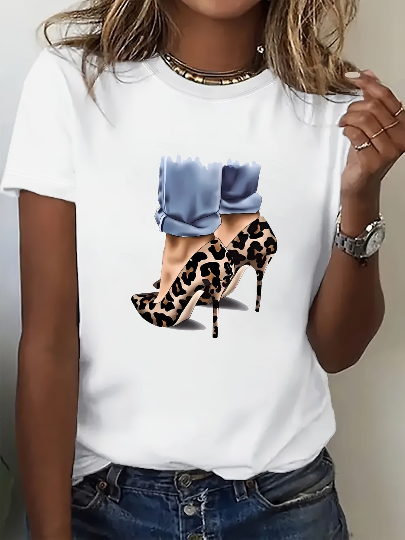 Women's Leopard Print High Heel Graphic T-Shirt, Casual Crew Neck Short ...