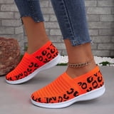 Women's Leopard Print Knit Sneakers, Slip On Breathable Flat Stretch ...