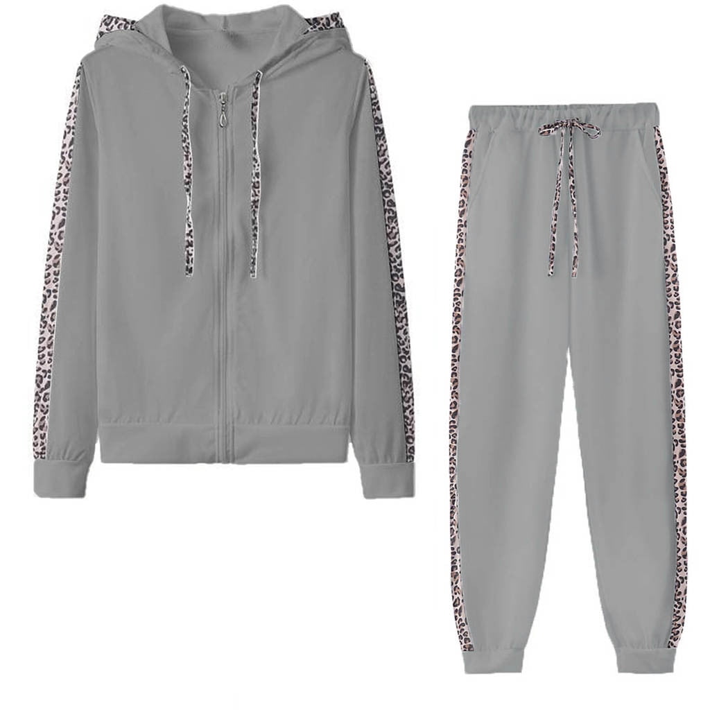 Women's Leopard Print Sweat Suit Set V-Neck Zippered Hoodie Athletic ...