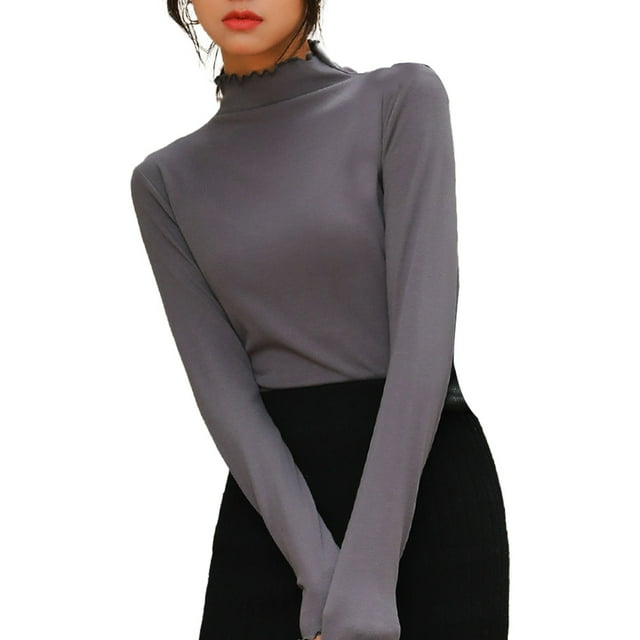 Womens Lettuce Trim Mock Neck Long Sleeve Slim Fit Ribbed Knit Tee