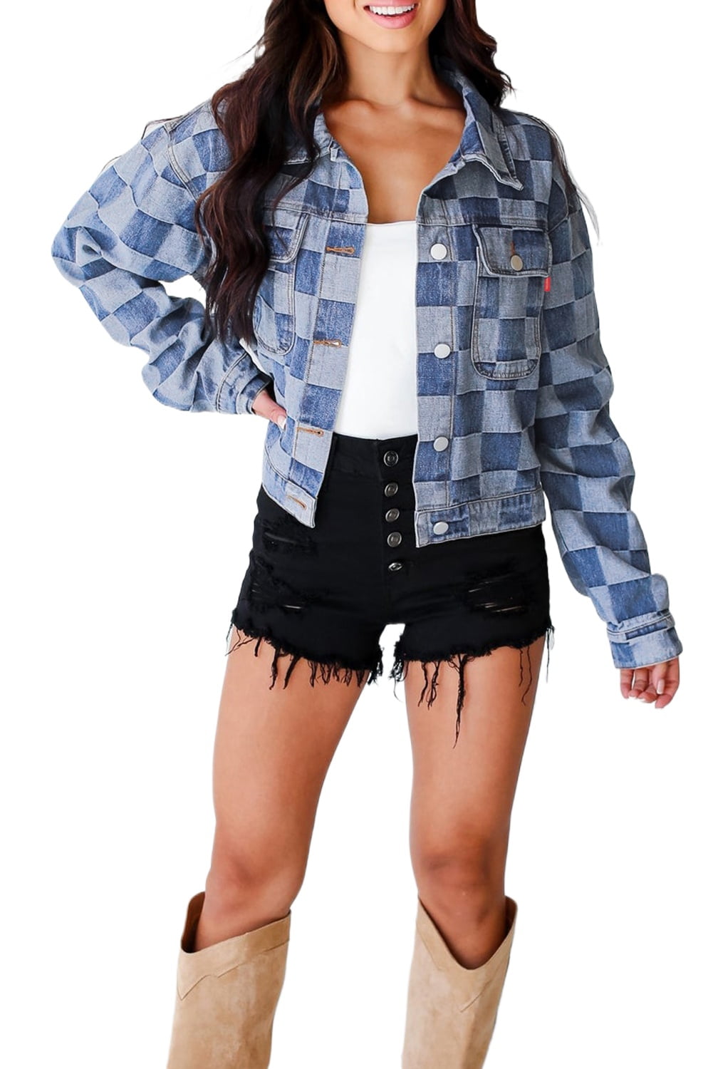 Women's Light Blue Checkered Patchwork Button-Up Denim Jacket - Walmart.com