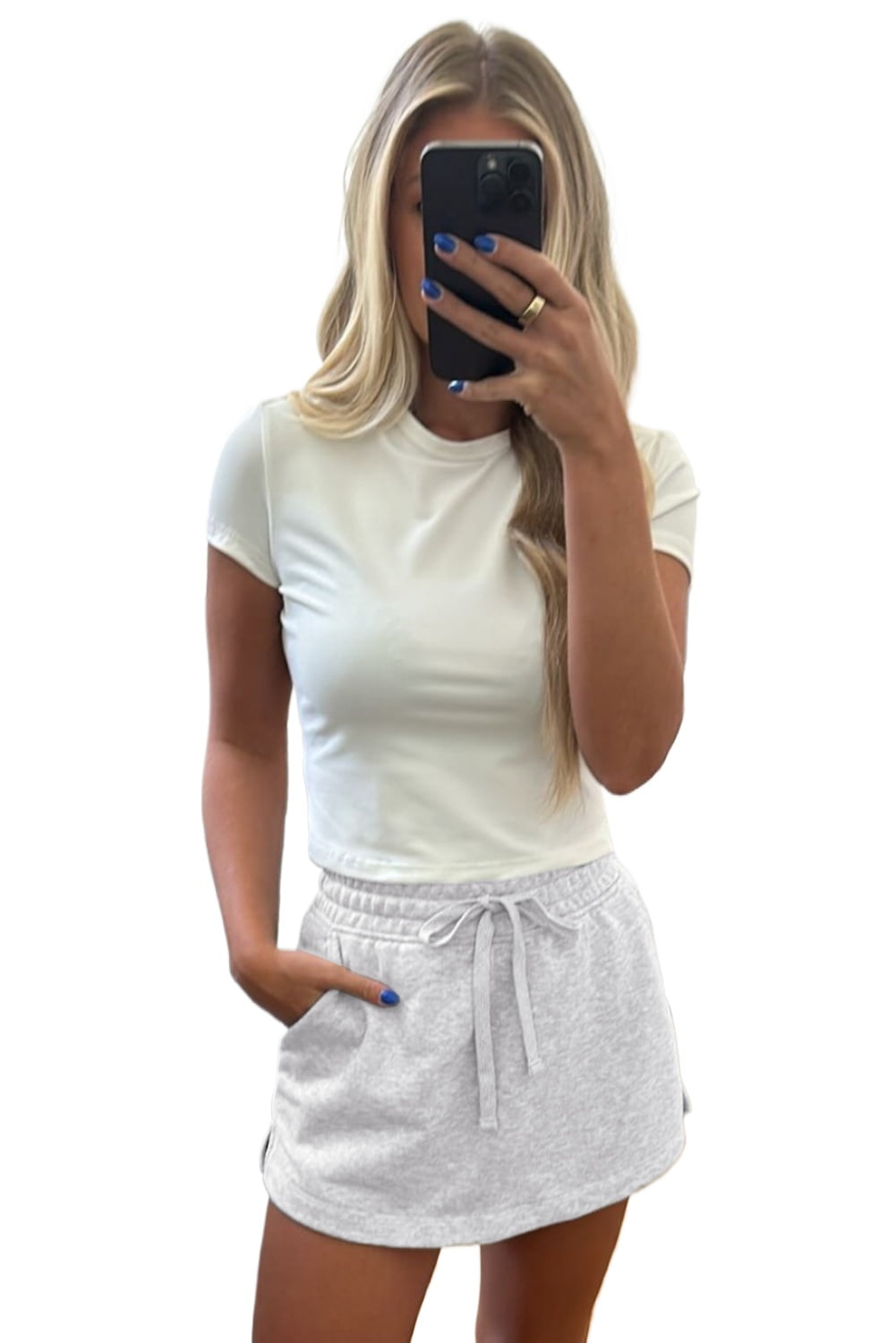 Women's Light Grey French Terry Drawstring Mini Skort with Pockets ...