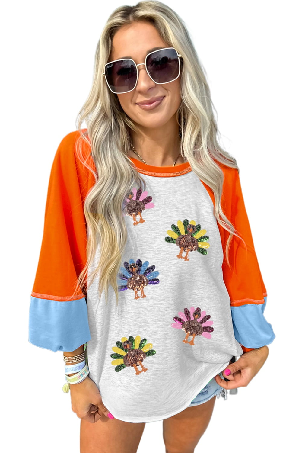 Women's Light Grey Thanksgiving Turkey Sequin Graphic Top – Casual ...