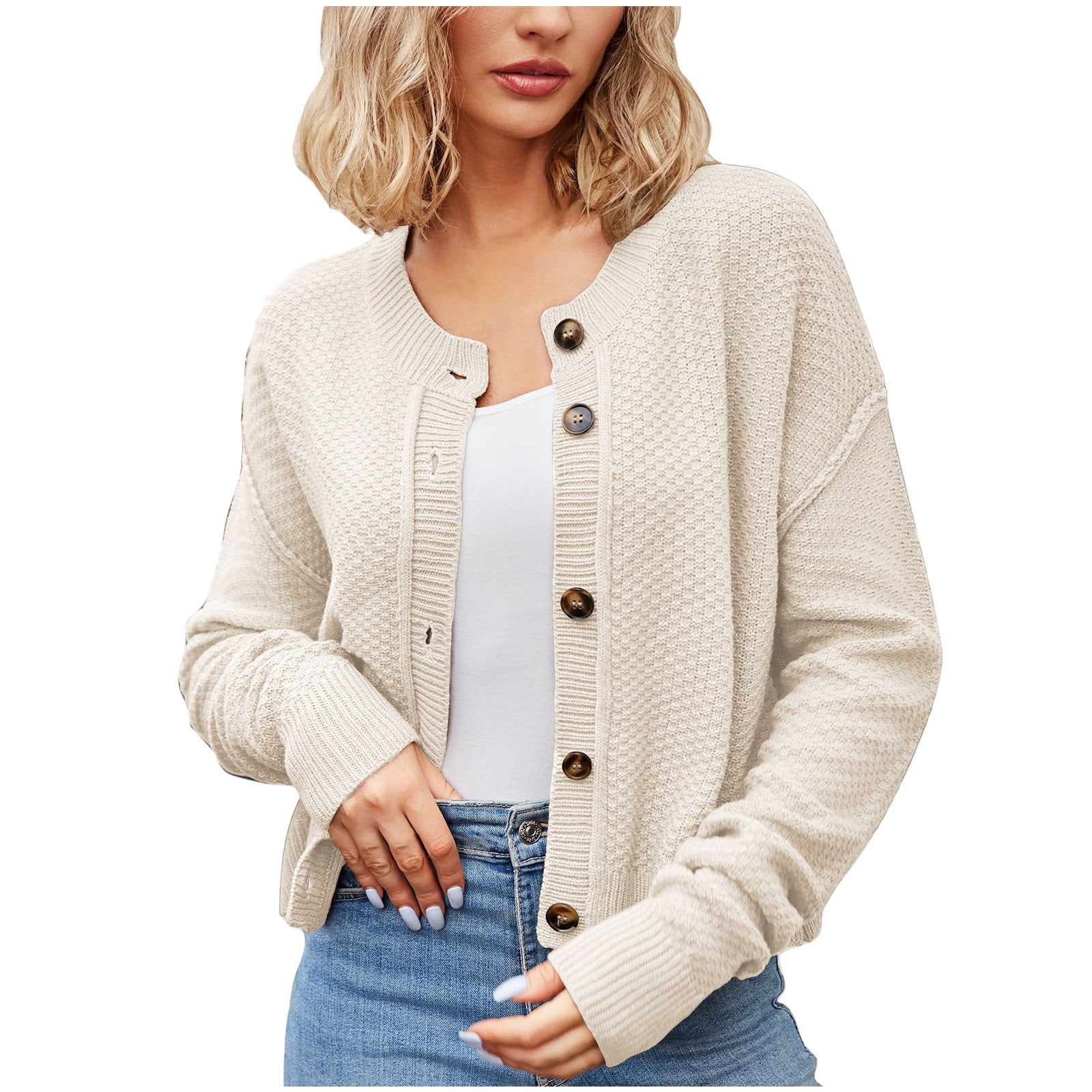 Women's Lightweight Fall Sweater Cardigans Waffle Button Down Crop Knit ...