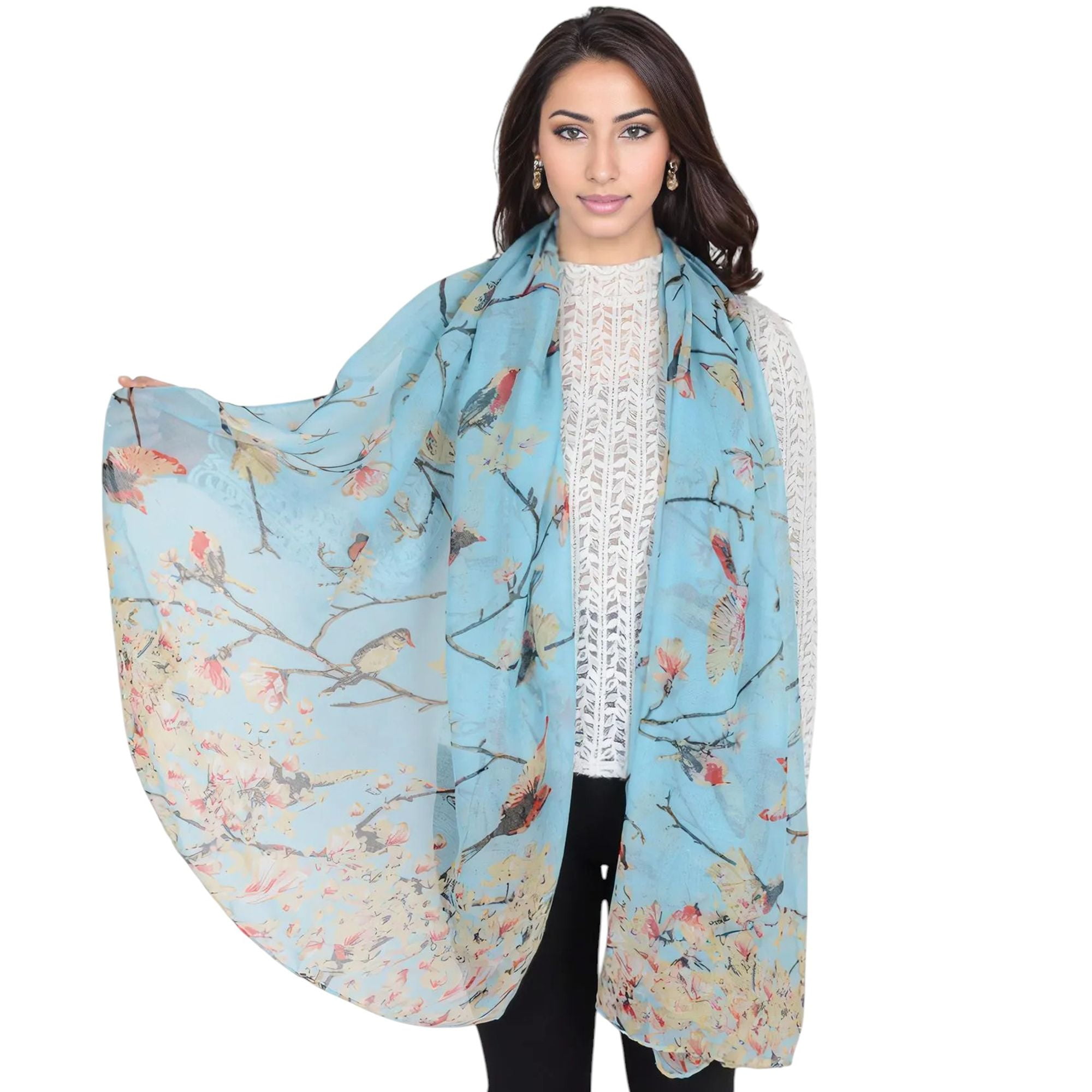 Women's Lightweight Floral Birds Print Scarf Cotton Linen Shawls Wrap ...