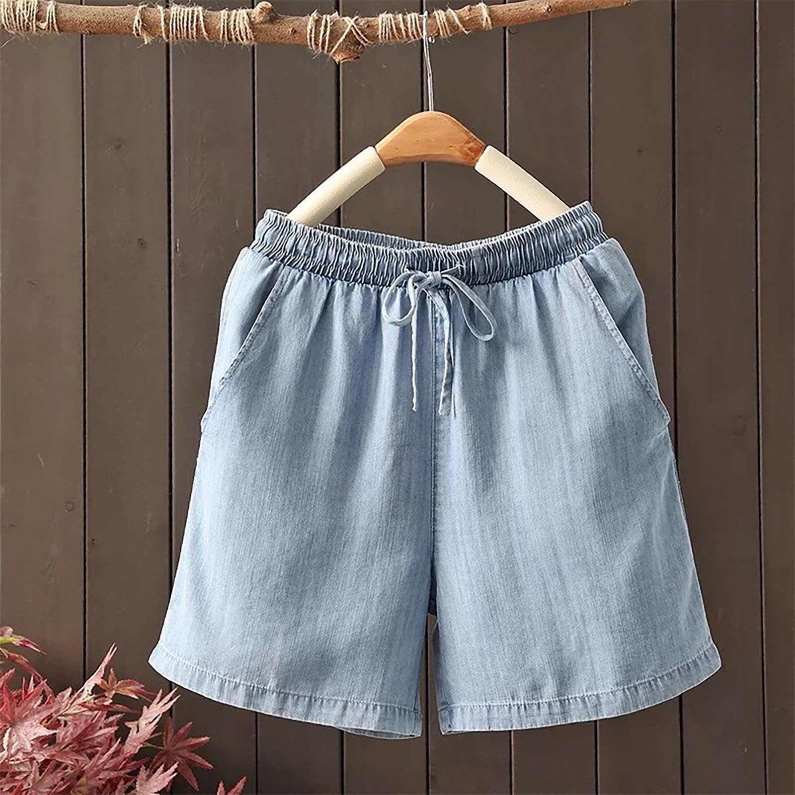 Women's Lightweight Jersey Denim Shorts - Elastic Waist Drawstring Wide ...