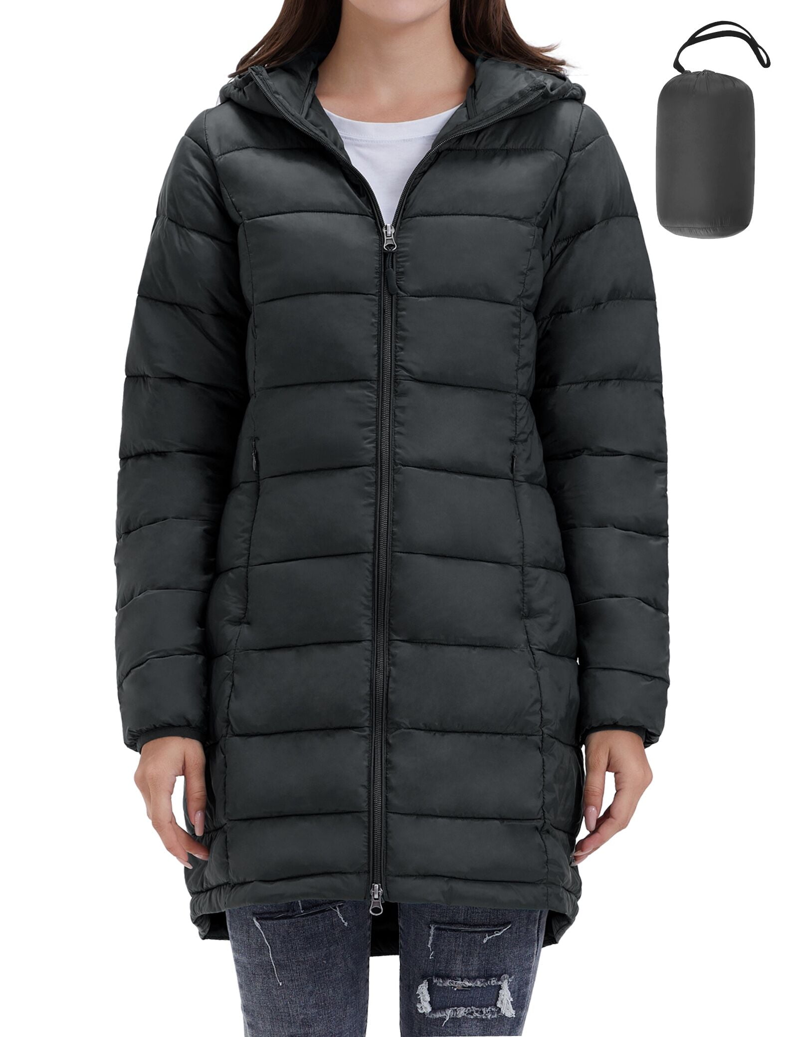 Women's Lightweight Puffer Coat Regular and Plus Size Packable Puffer Coat Long Hooded Puffer ...