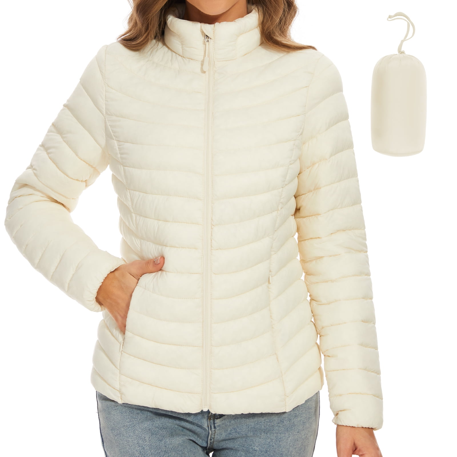 Women's Lightweight Winter Warm Puffer Jacket, Beige, XL, Packable ...