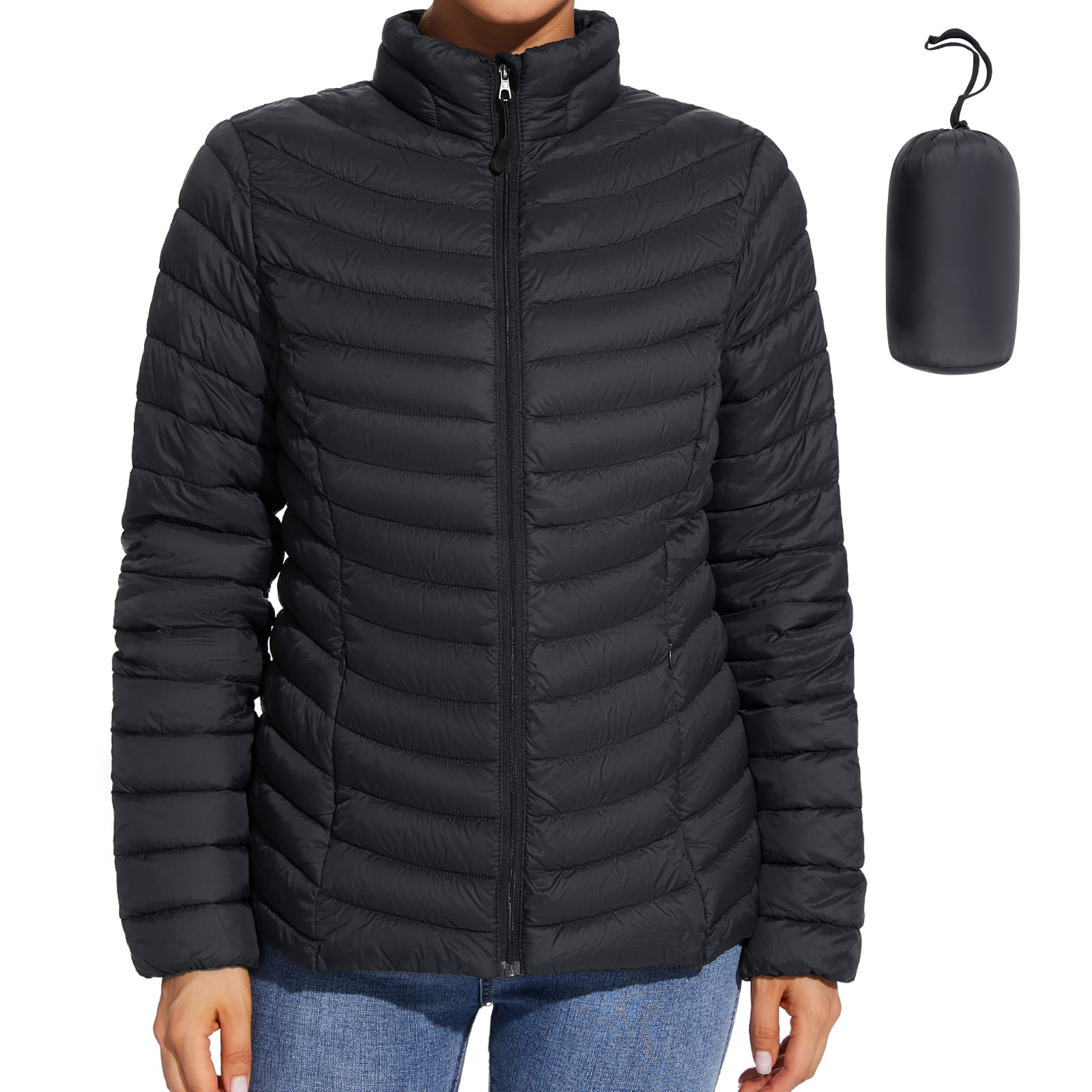 Women's Lightweight Winter Warm Packable Puffer Jacket with Stand Collar, XL- Black - Walmart.com