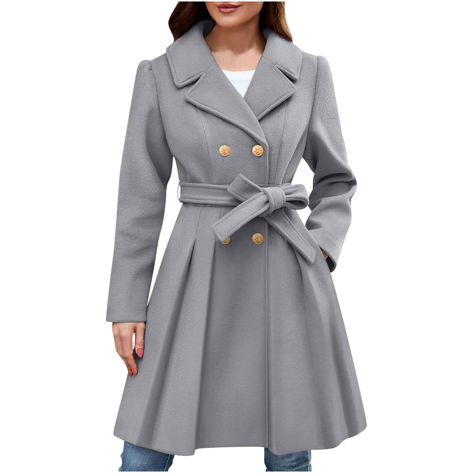 Women's Lightweight Wool Coat Double Breasted Buttoned A-Line Pleated ...