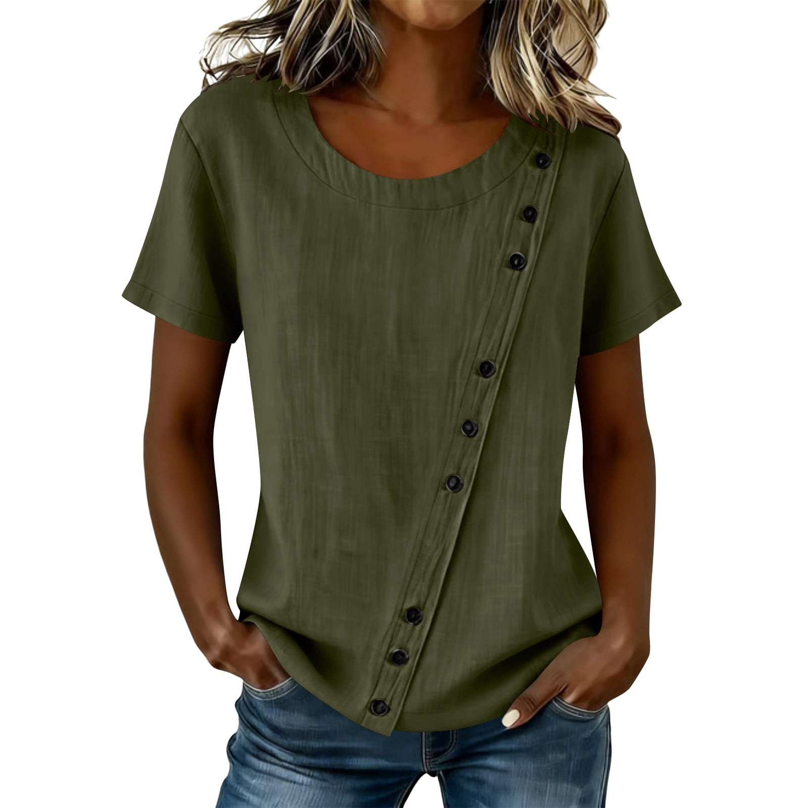 Women's Linen Asymmetrical Button Blouses Summer Cotton Round Neck ...