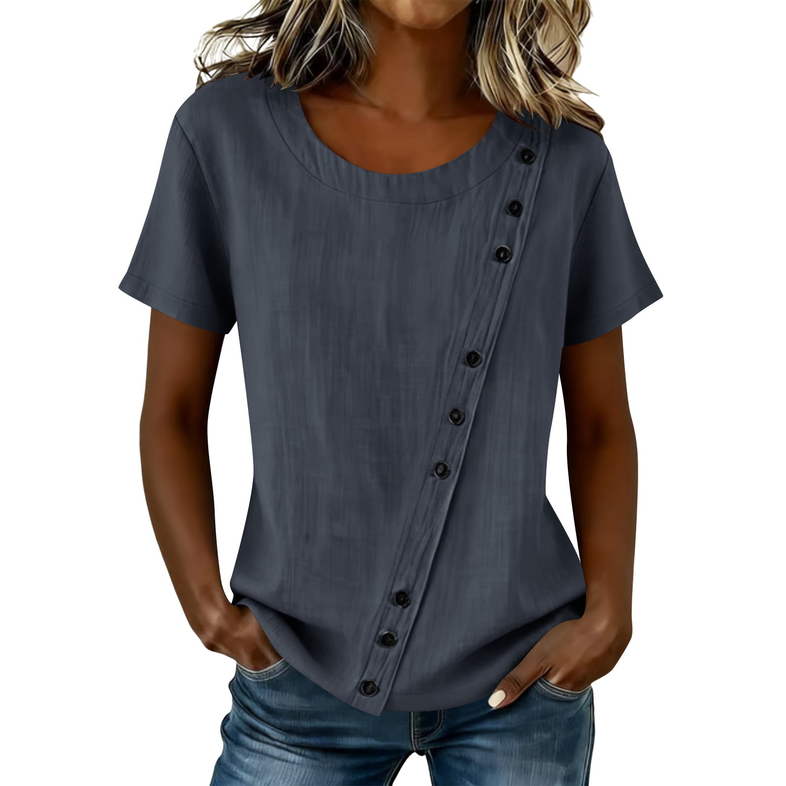 Women's Linen Asymmetrical Button Blouses Summer Cotton Round Neck ...