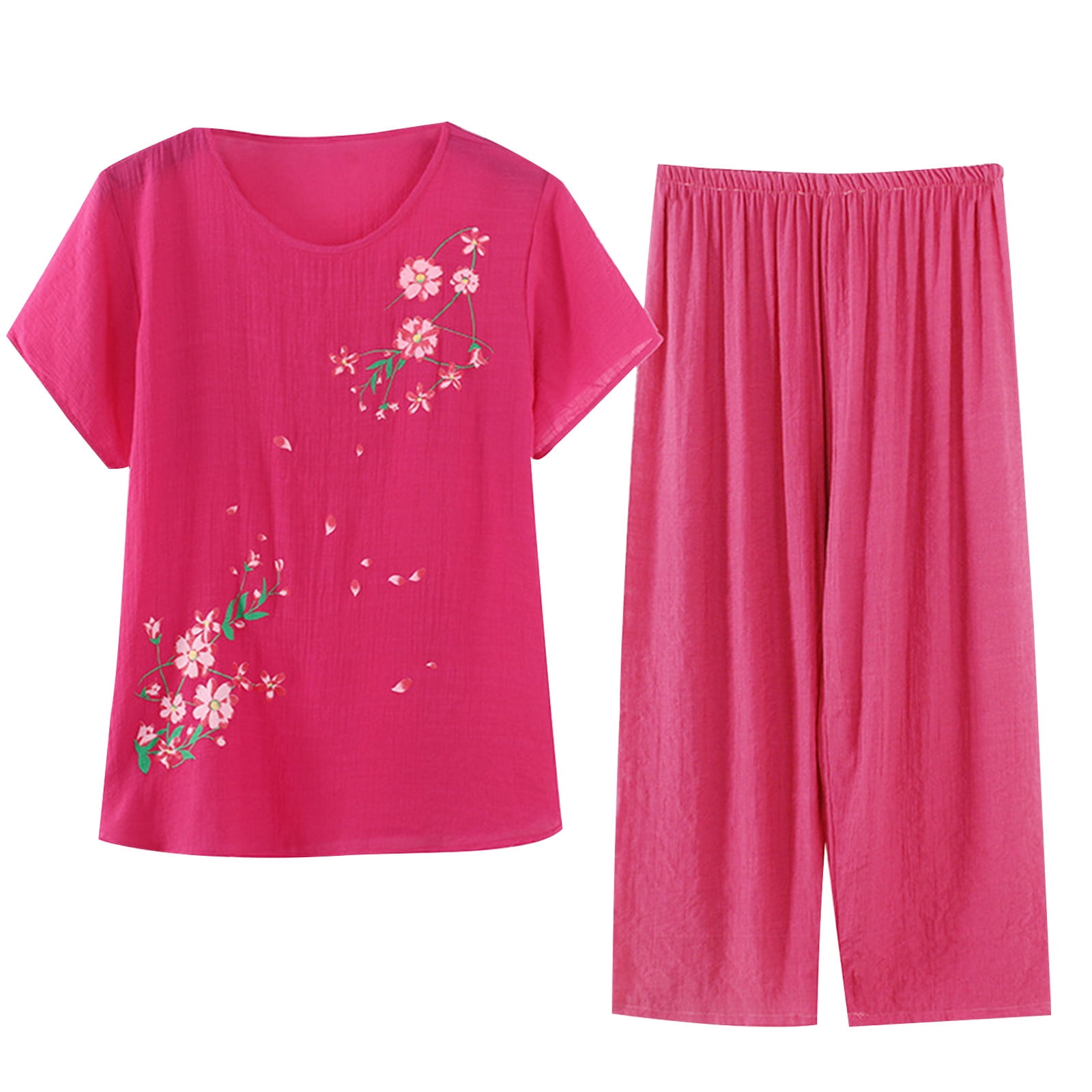 Women's Linen Blend Homewear 2 Piece Sets Round Neck Short Sleeve Tops ...