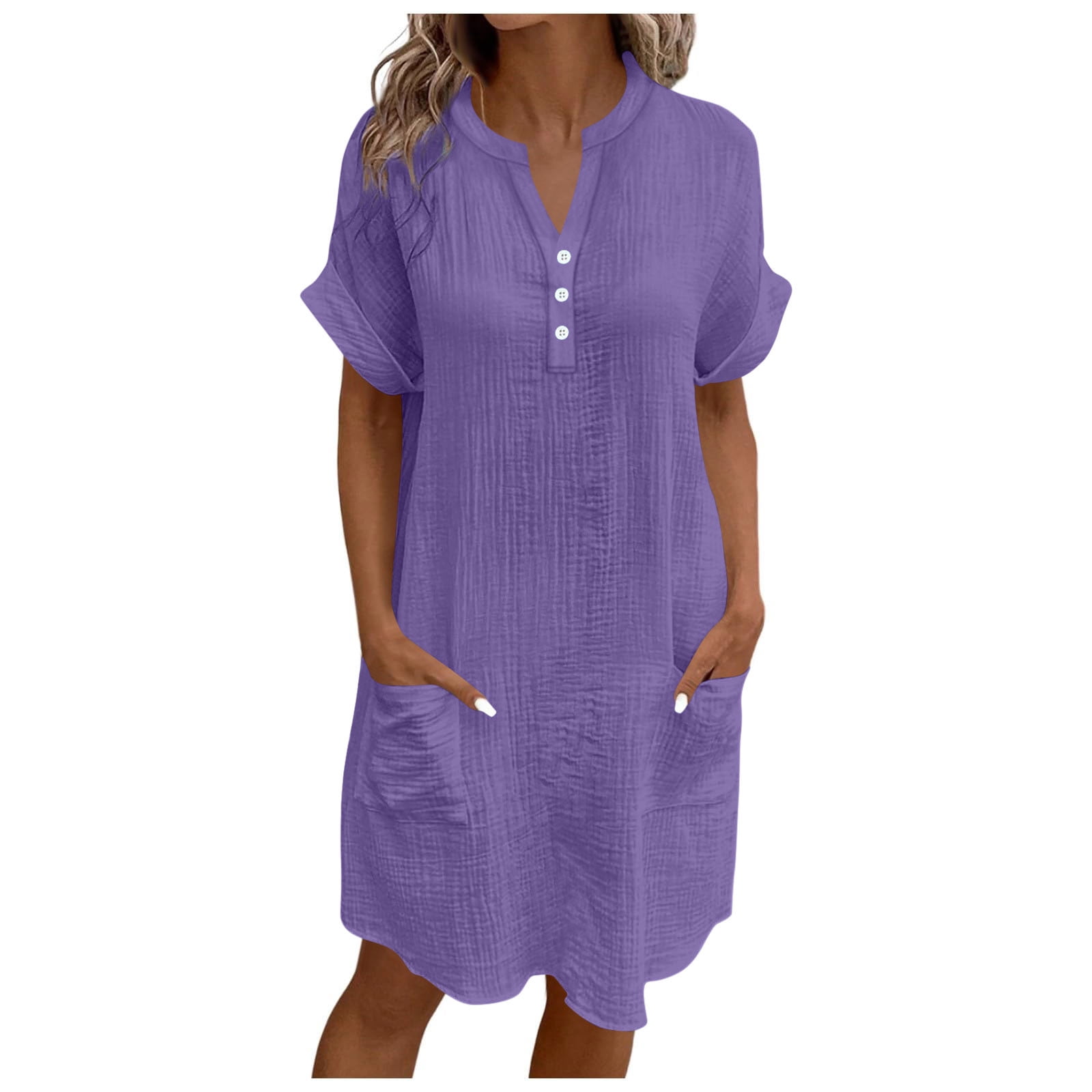 Women's Linen Button Down Shirt Summer Dresses 2025 Short Sleeve Midi ...