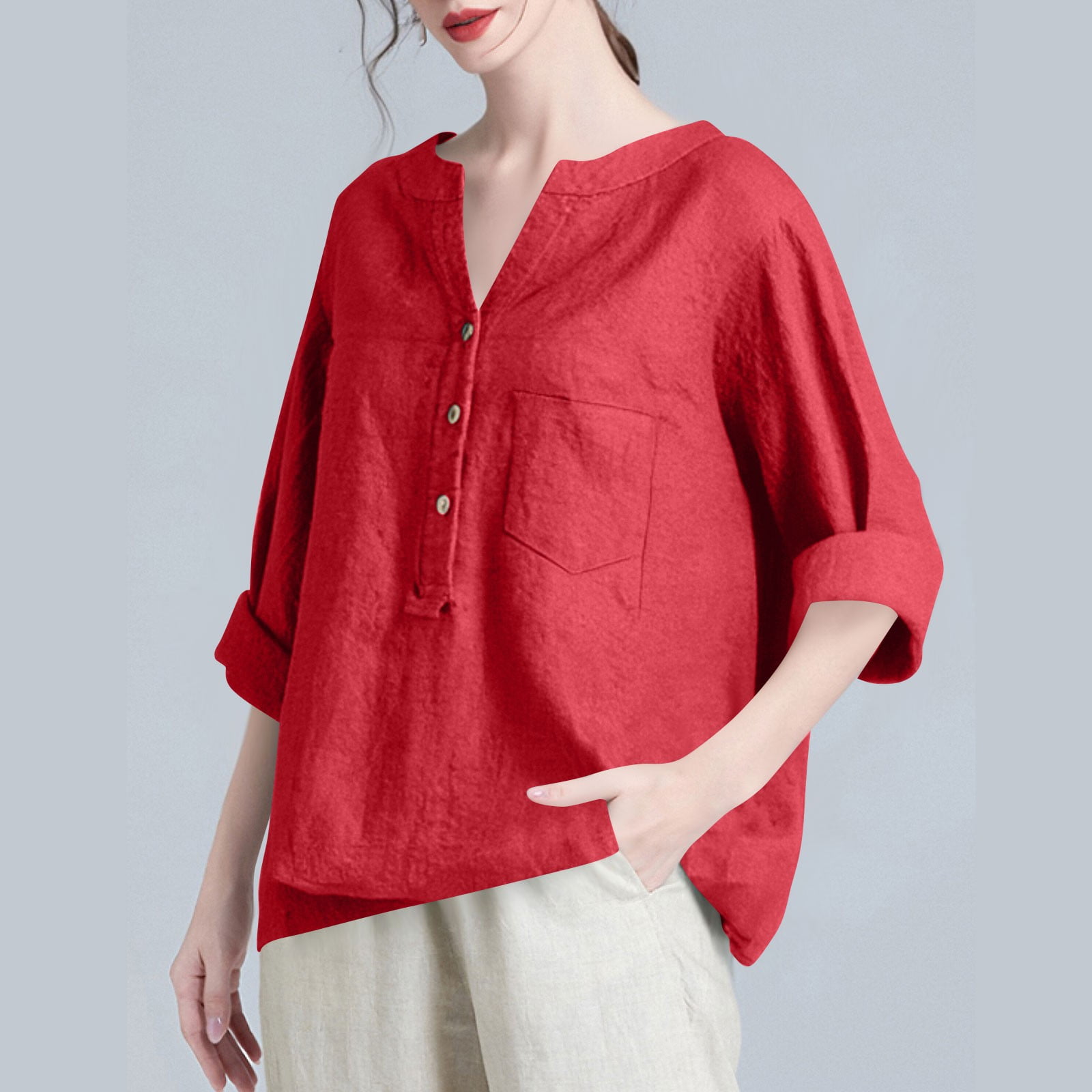 Women's Linen Button Down Shirts Short Sleeve V Neck Tshirts Light ...