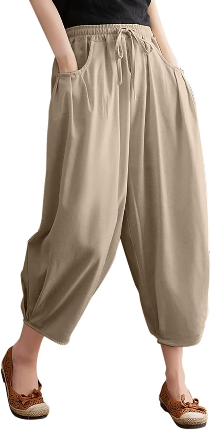 Women's Linen Capri Harem Pants Lantern Tapered Casual Drawstring ...