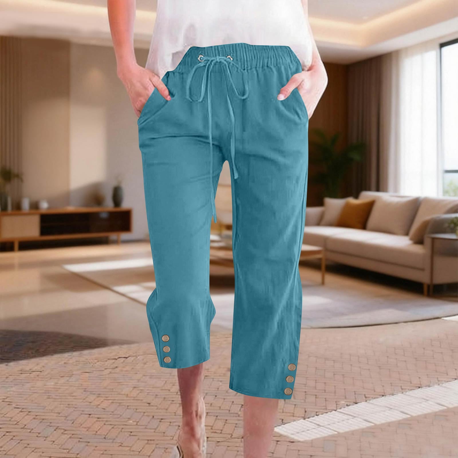 Women's Linen Capri Pants, 2026 Spring and Summer Casual Drawstring ...