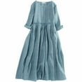 Women's Linen Dress, Spring Summer Round Neck Pleated Drawstring Seven ...