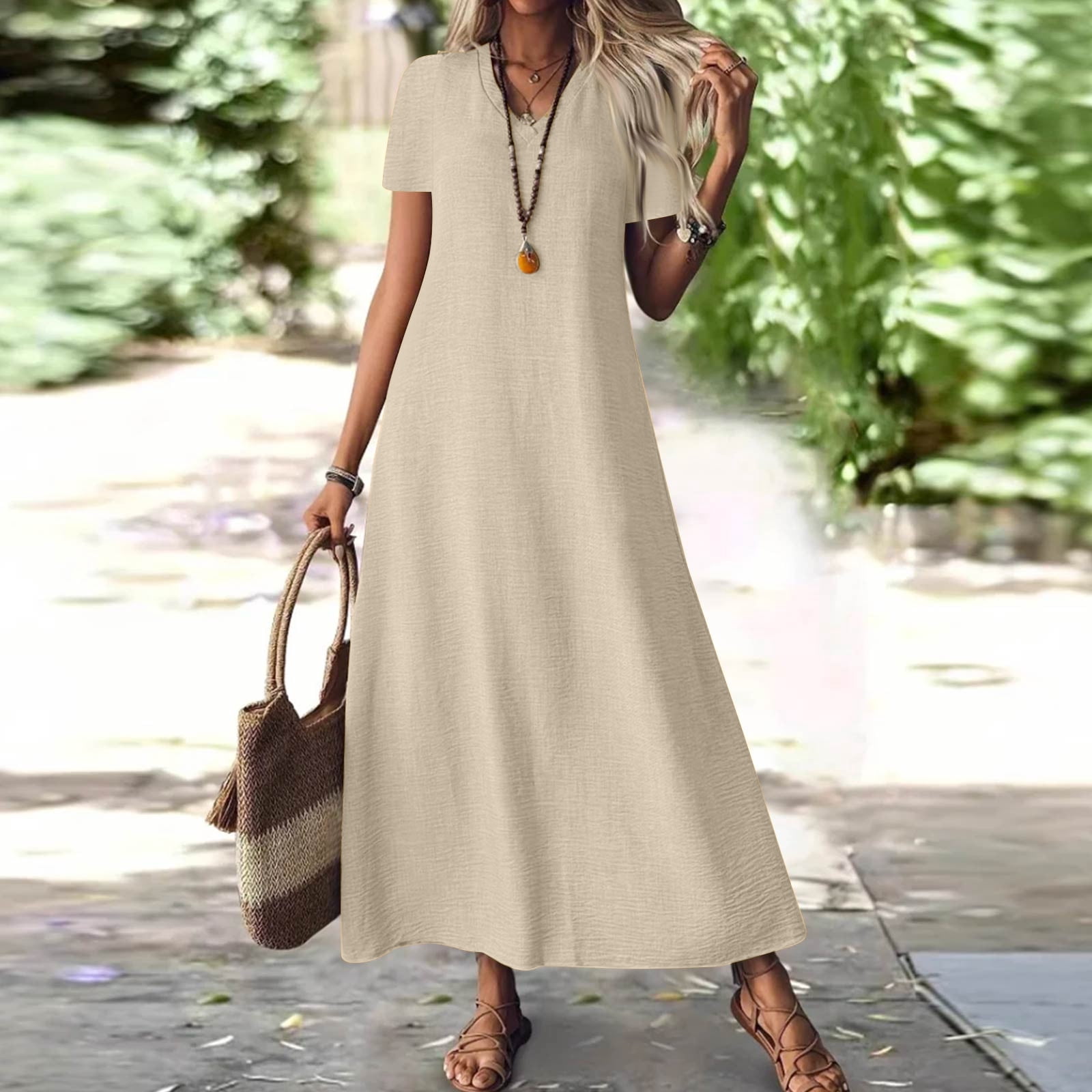 Women's Linen Midi Dresses Summer Cotton Linen 2026 Casual Lightweight ...