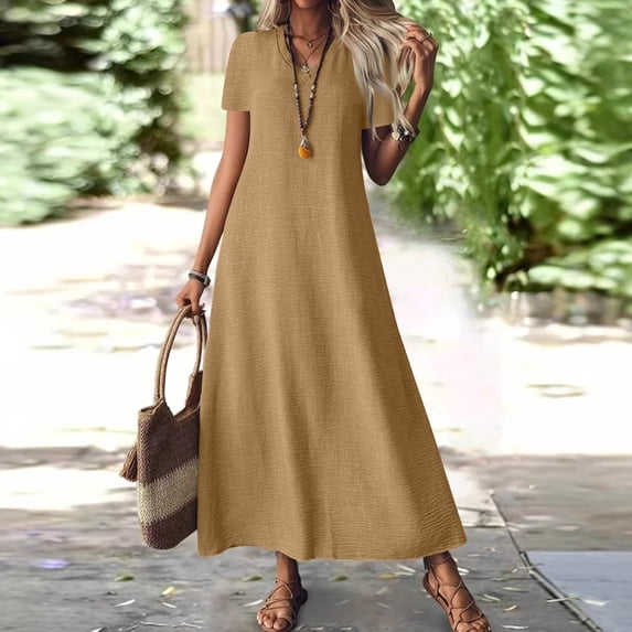 Women's Linen Midi Dresses Summer Cotton Linen 2026 Casual Lightweight ...