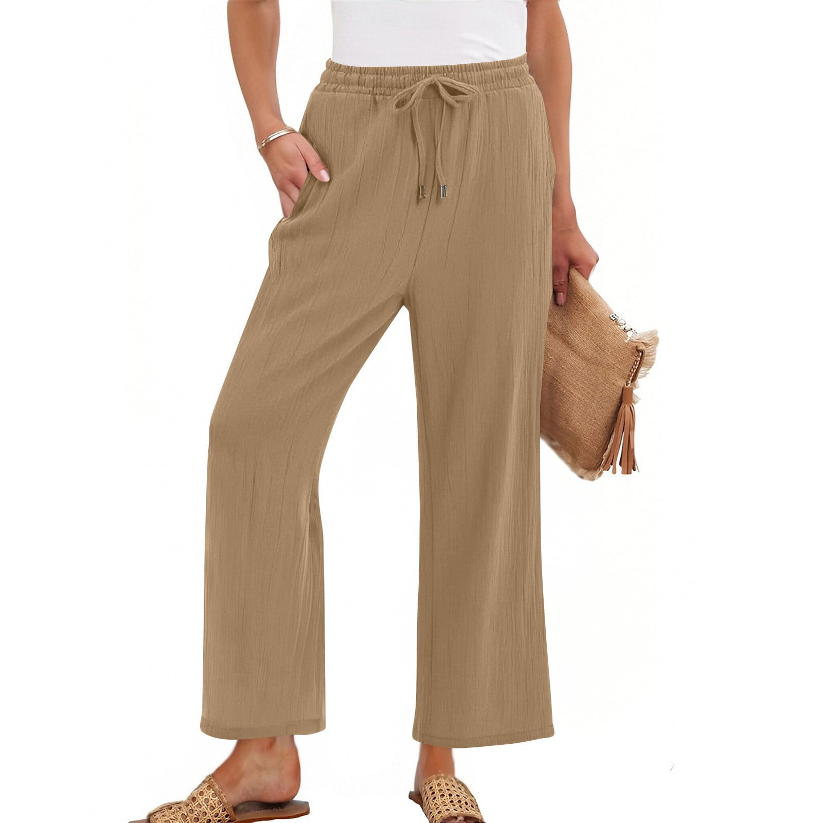 Women's Linen Pants Capri Pull on Elastic Waist Ankle Length Stretch ...