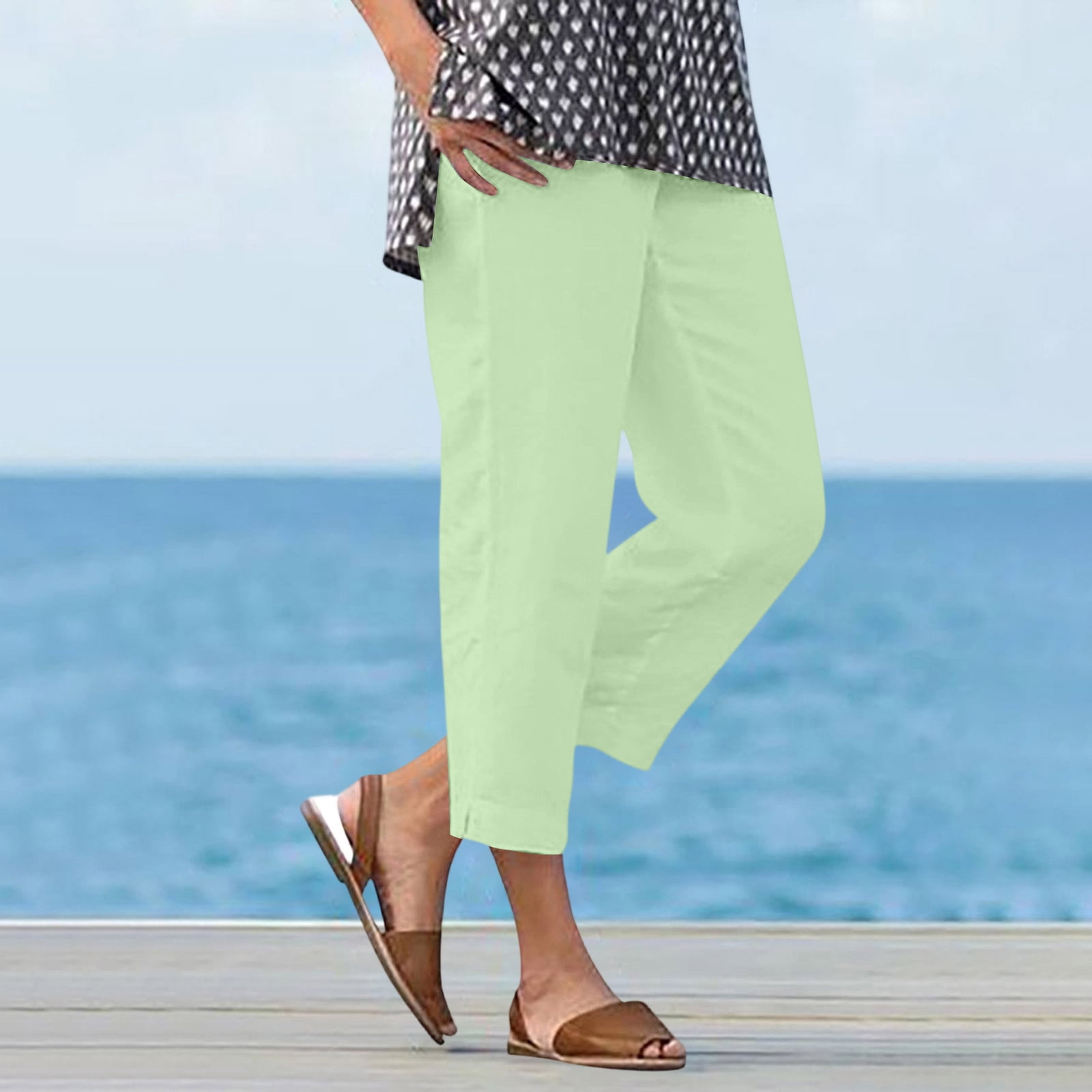 Women's Linen Pants Elastic Waist Straight Tube Casual Solid Color ...