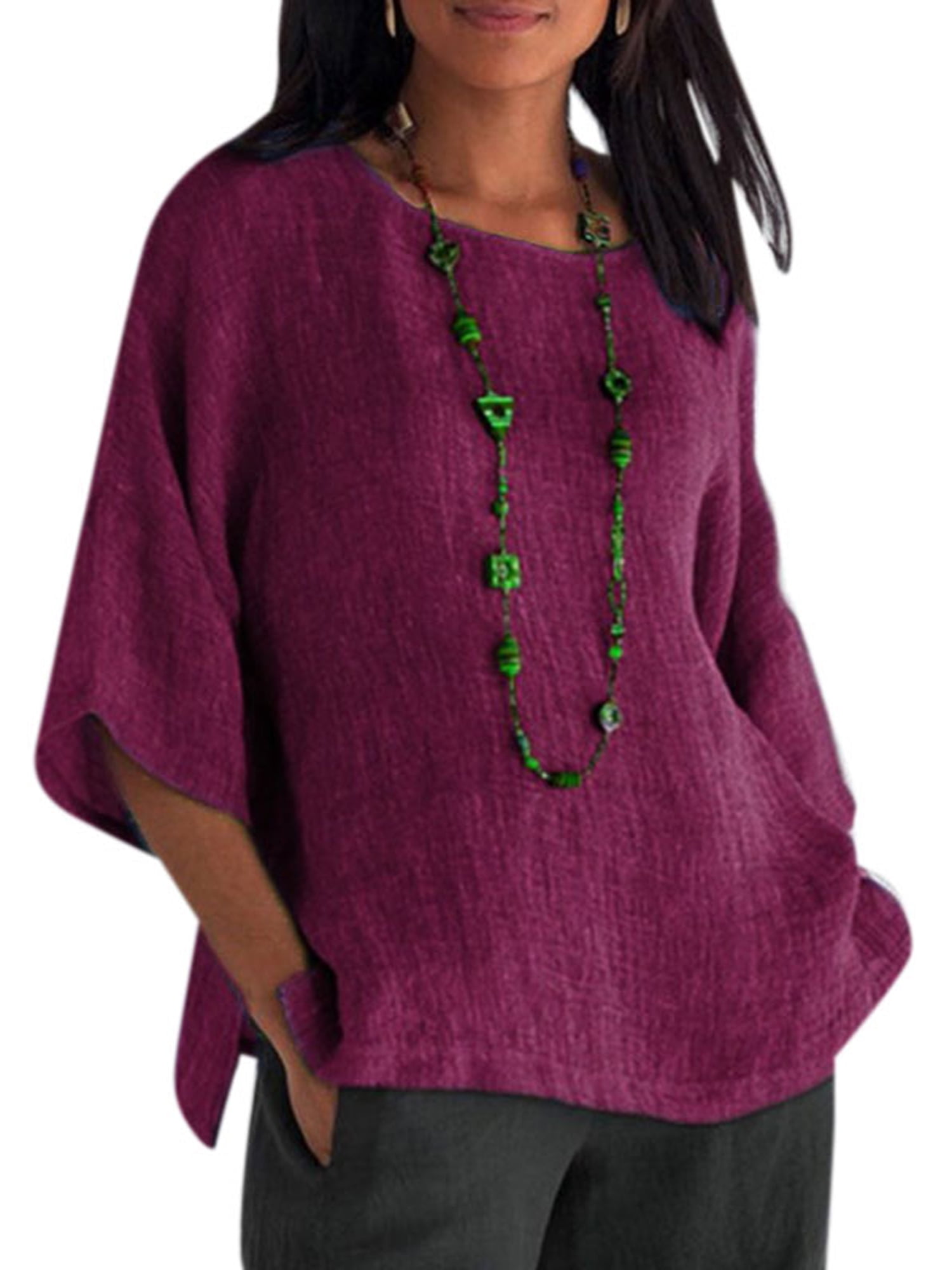 Women's Linen Plus Size Loose Casual 3/4 Sleeve Baggy Peasant Blouse ...