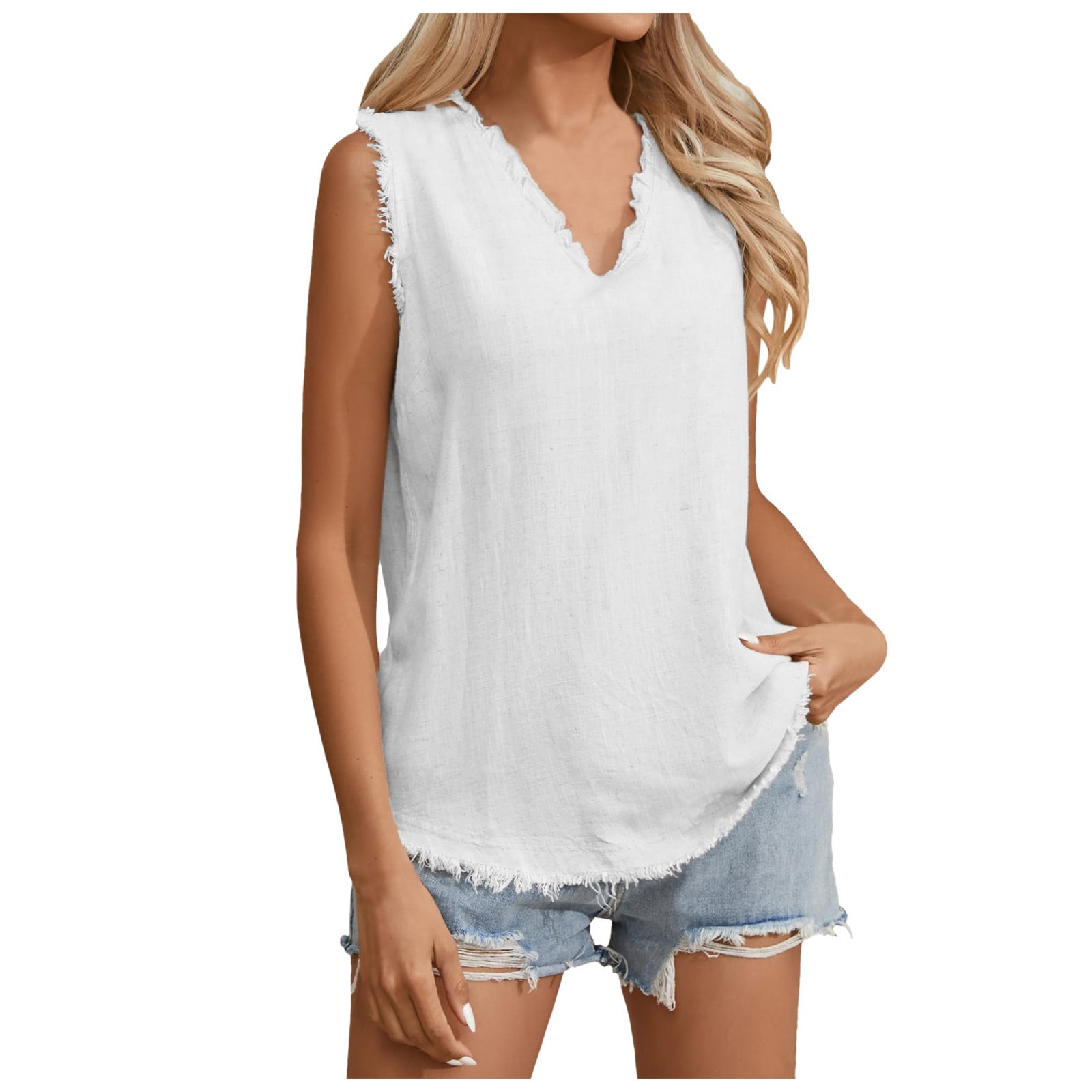 Women's Linen Ruffled V Neck Tank Top - Sleeveless Solid Color Edge Hem ...