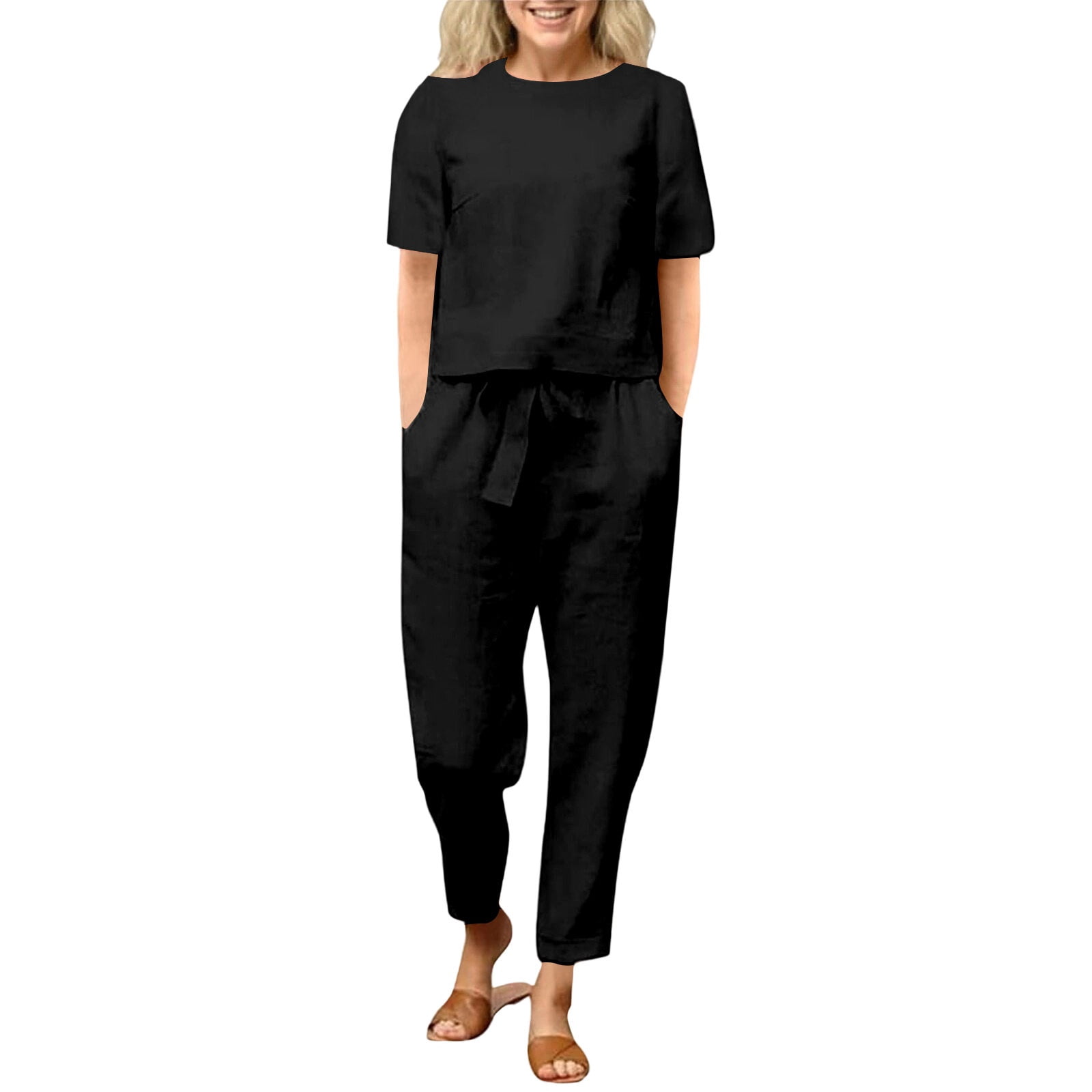 Women's Linen Sets Two Piece Outfits Short Sleeve Crop Cotton Linen ...