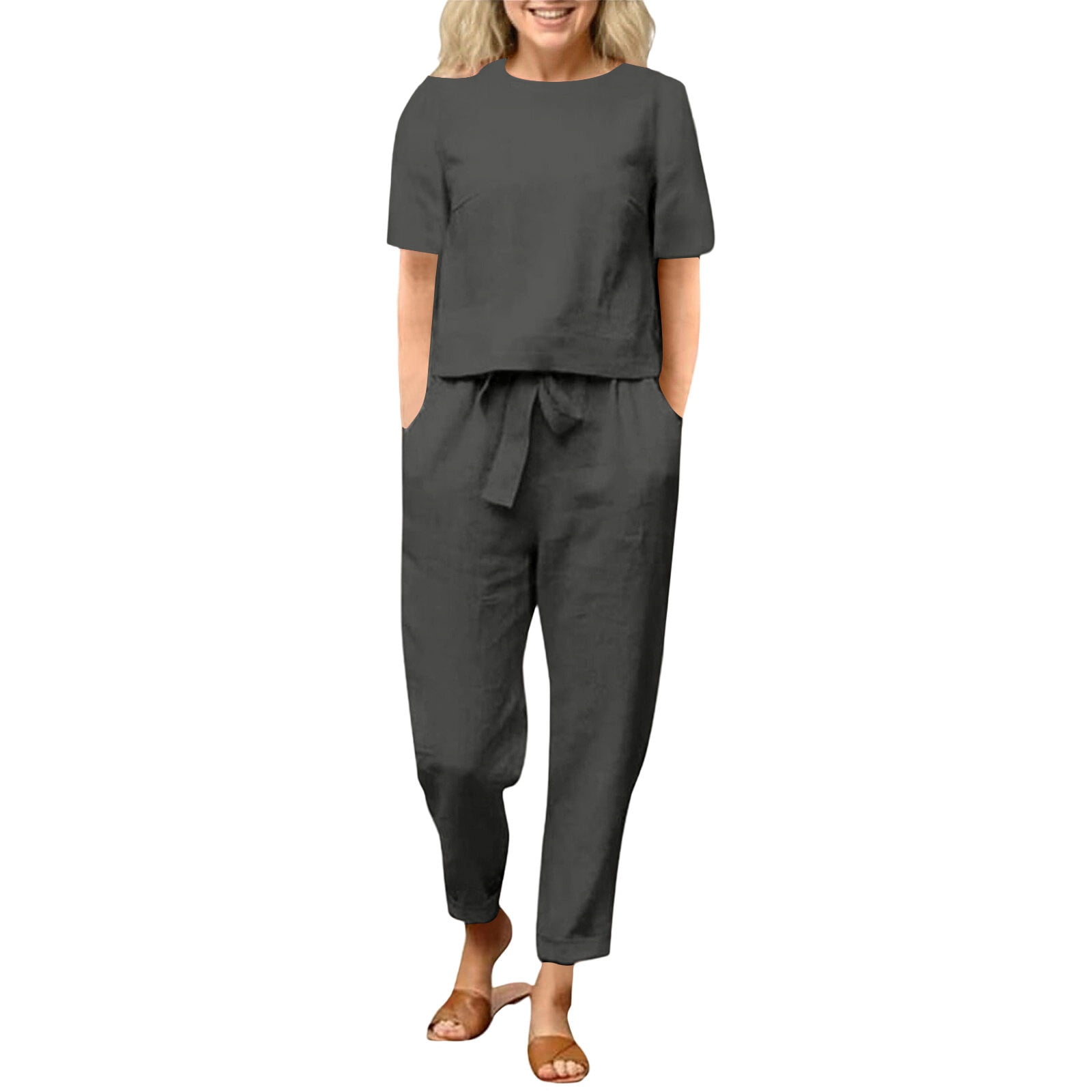 Women's Linen Sets Two Piece Outfits Short Sleeve Crop Cotton Linen ...
