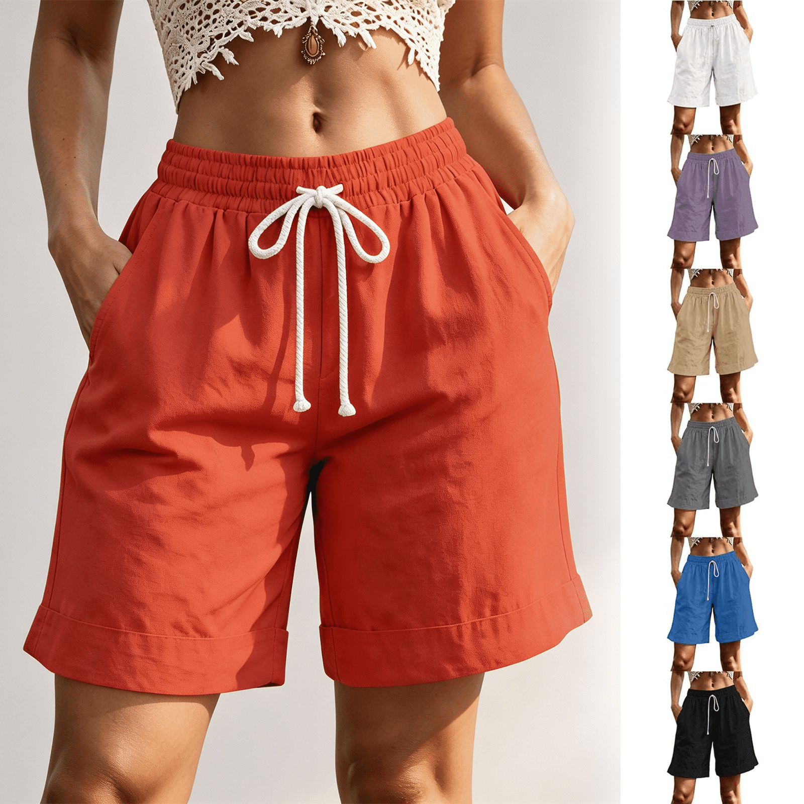 Women's Linen Shorts, Elastic Waist with Drawstring and Pockets ...