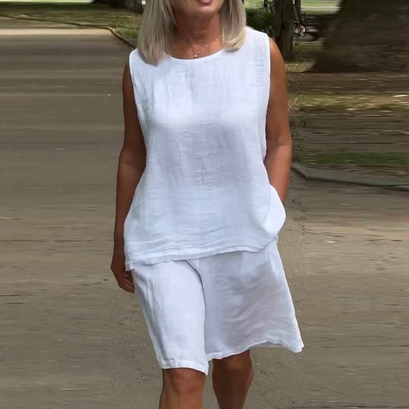 Women's Linen Sleeveless Casual Two Piece Set With Round Neck Short ...